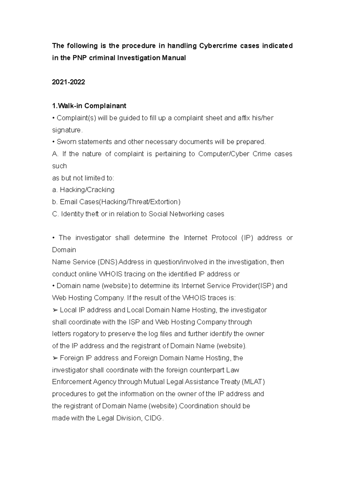 Procedure for Handling Cybercrime Cases - PNP Criminal Investigation ...