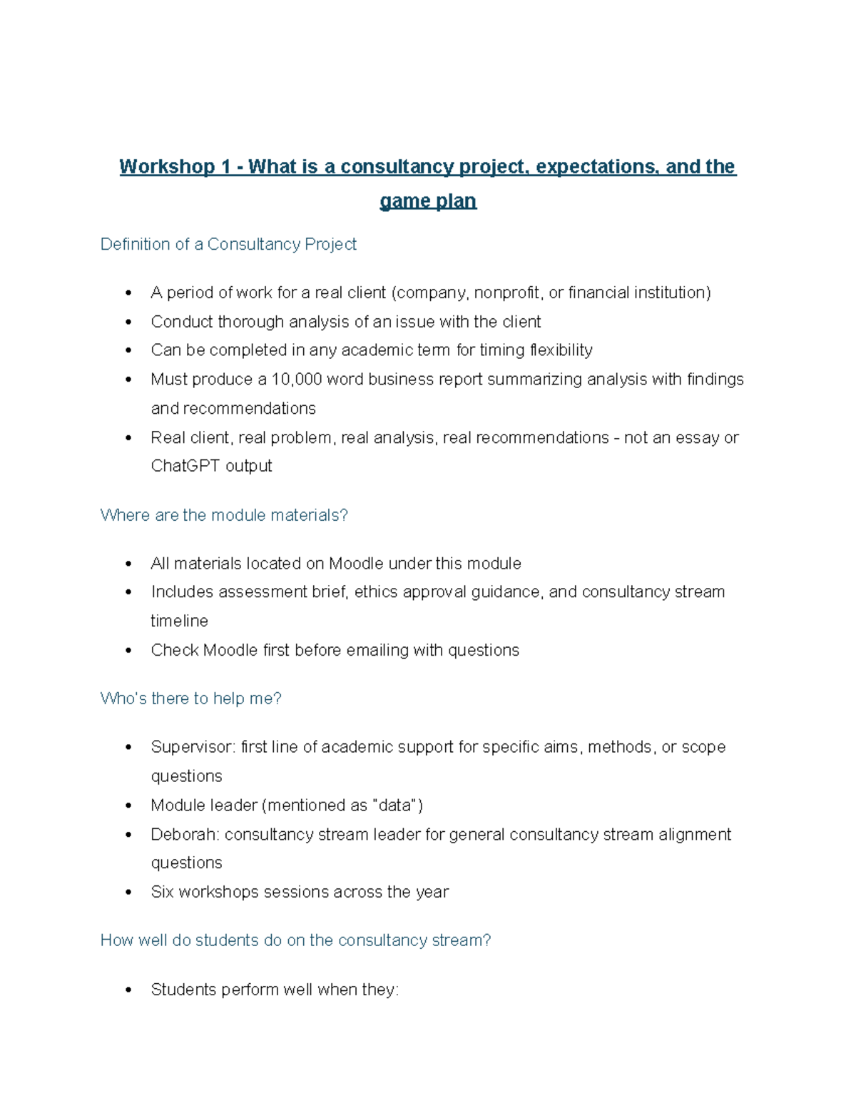 Workshop 1: Understanding Consultancy Projects & Expectations - Studocu