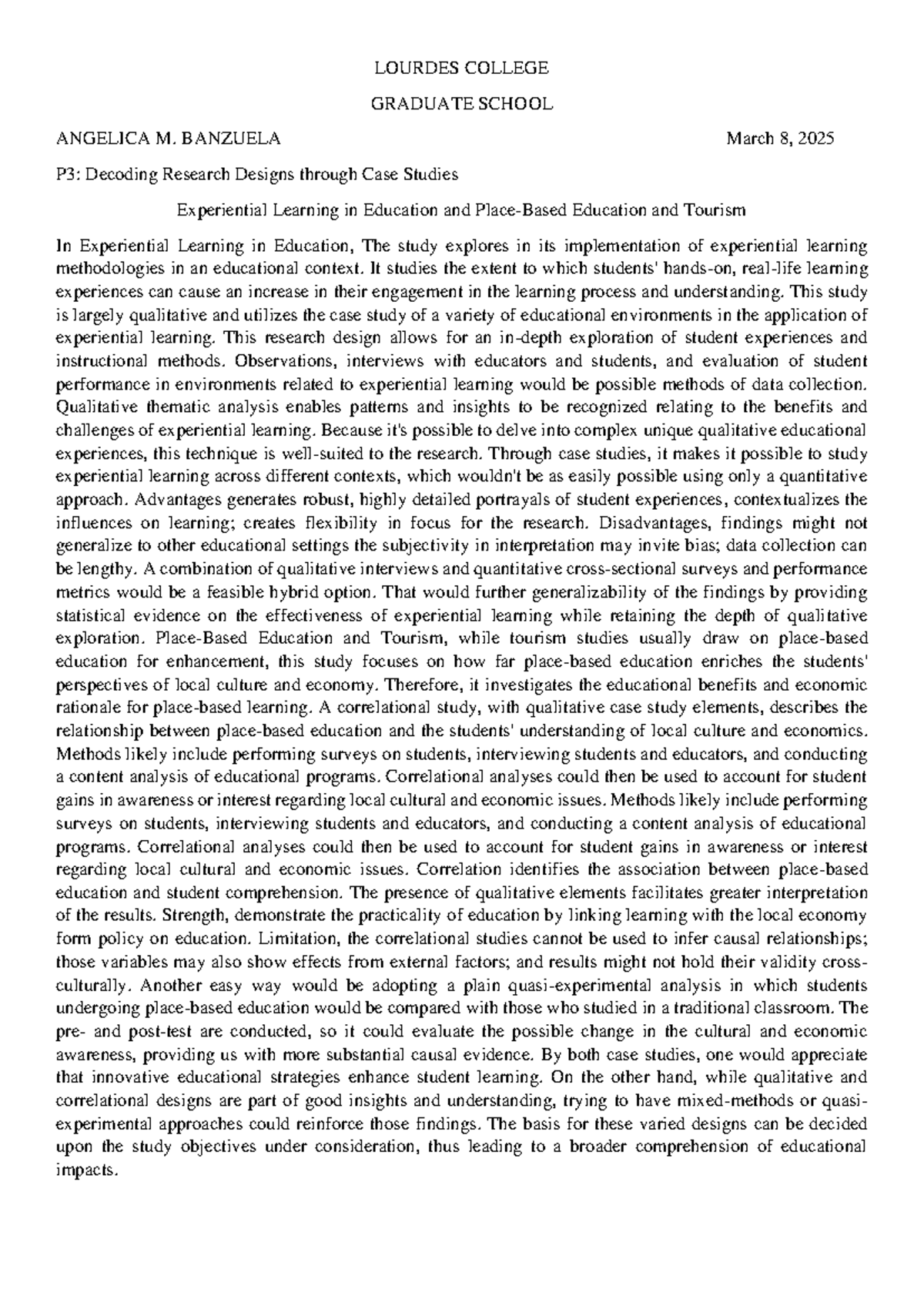P3: Case Studies on Experiential Learning & Place-Based Education - Studocu