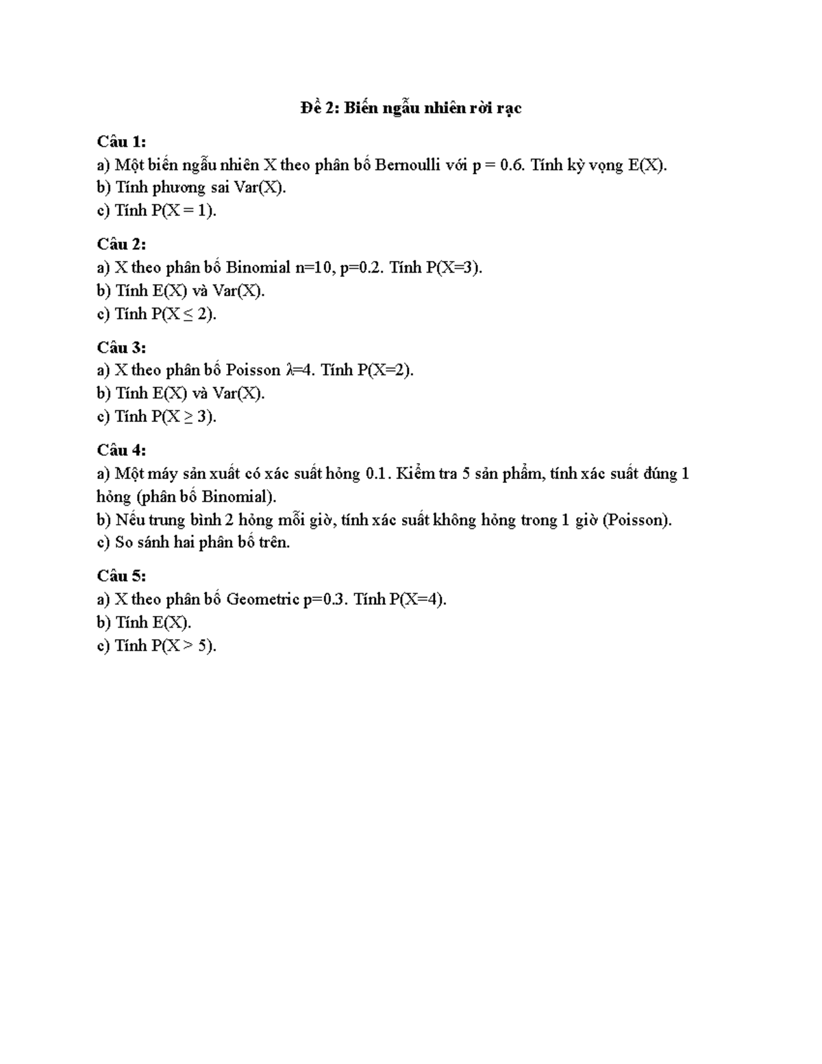 Đề 2: Biến Ngẫu Nhiên Rời Rạc - Bài Tập và Giải Thích - Studocu