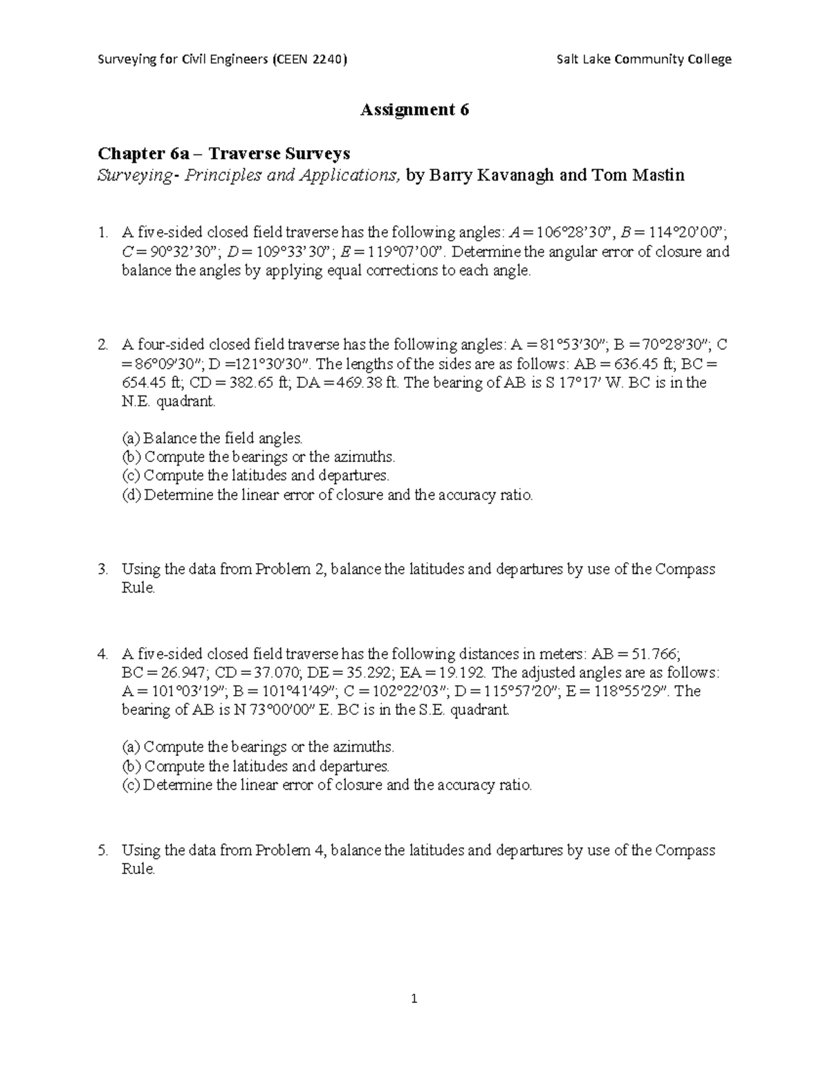 Assignment 6 - Traverse Surveys Principles (CEEN 2240) - Studocu