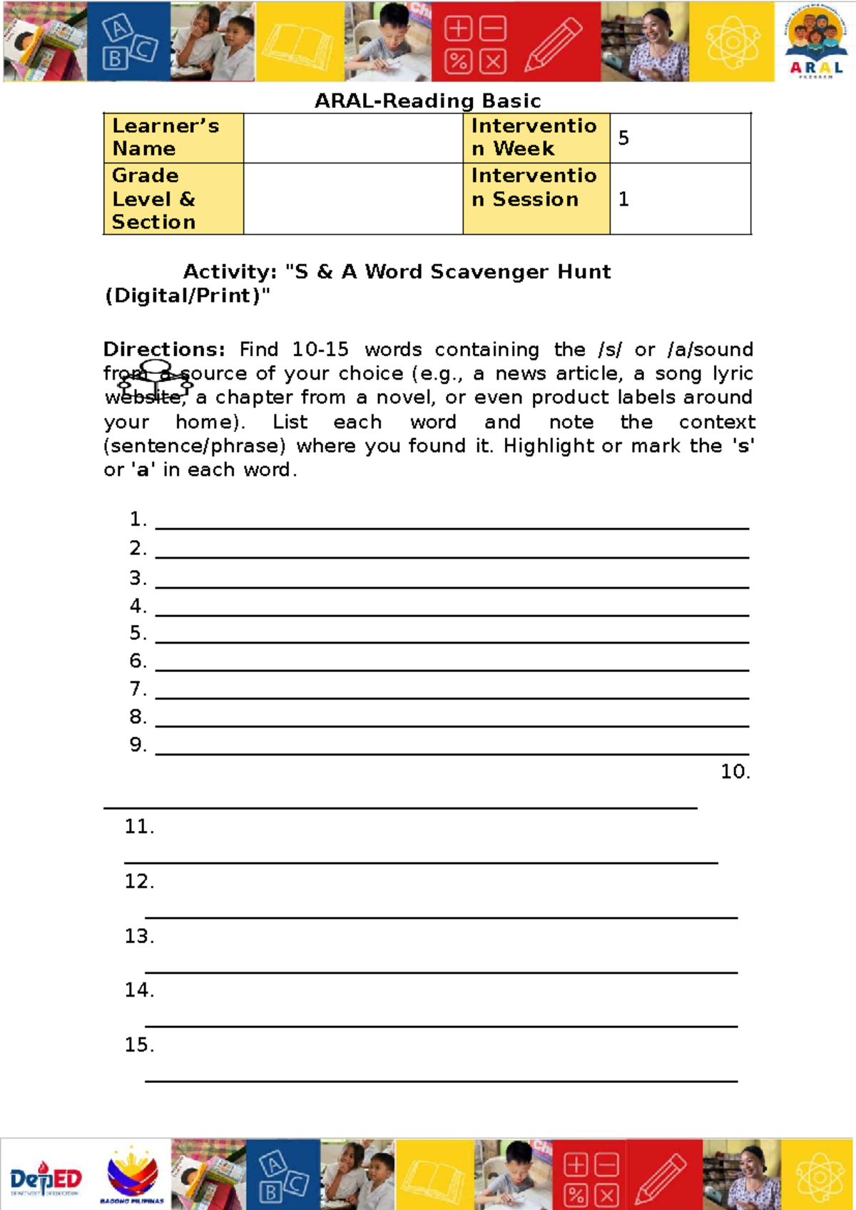 W5-D1 - ACTIVITY - ARAL-Reading Basic Learner’s Name Interventio n Week ...