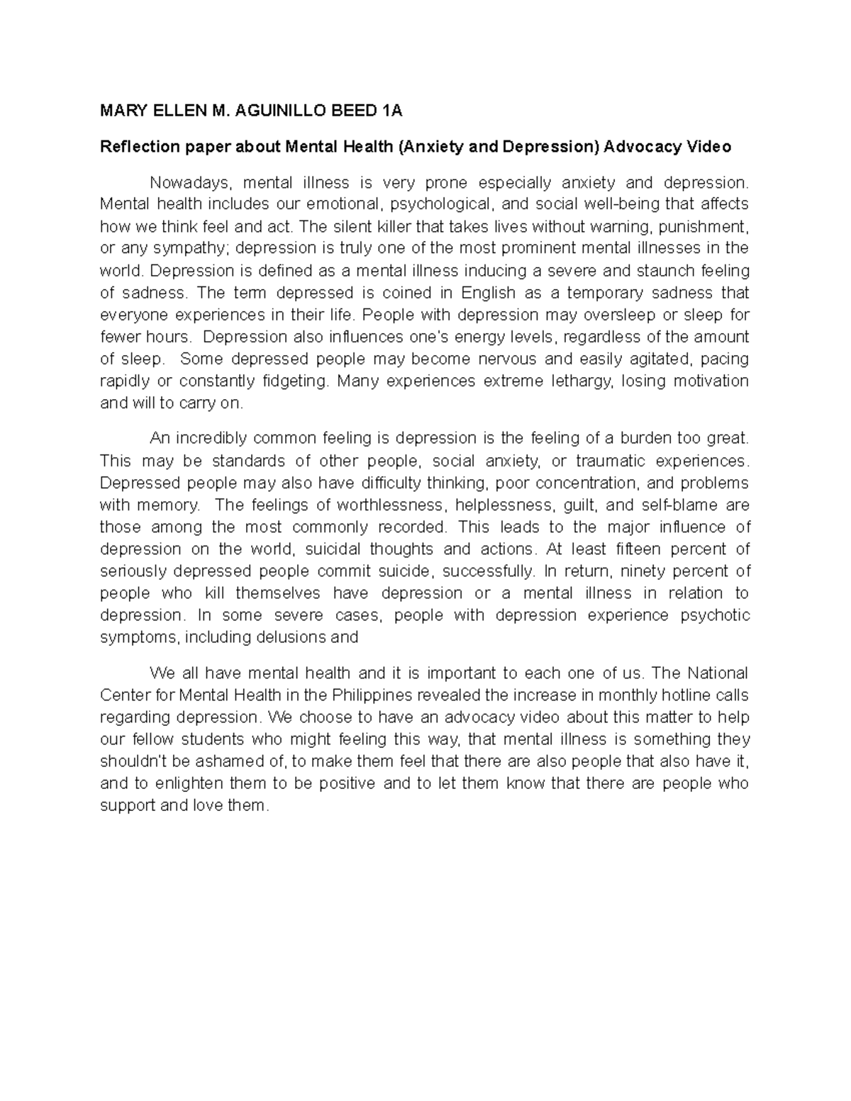 Reflection Paper: Advocacy Video on Mental Health (Anxiety & Depression ...