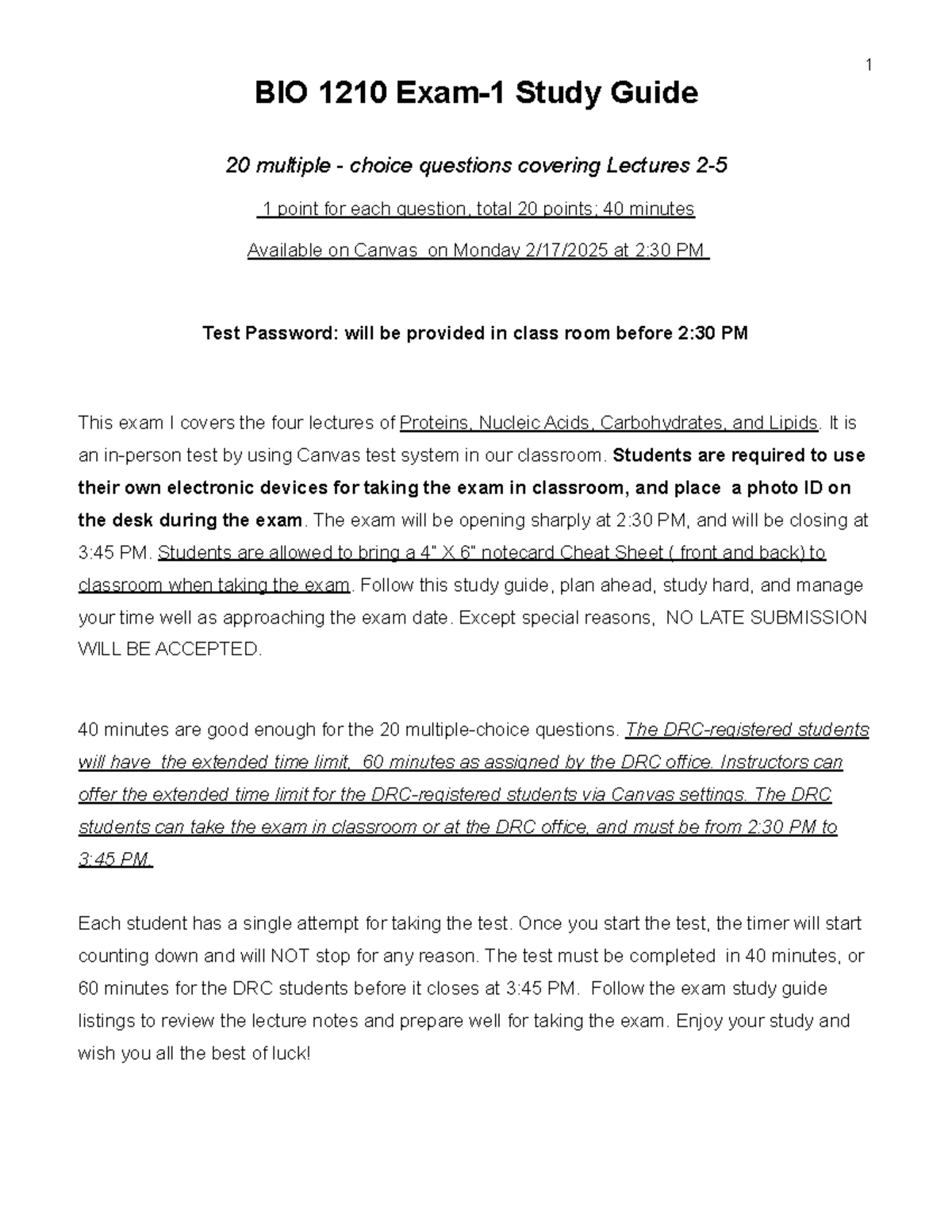 BIO 1210 Exam 1 Study Guide: Proteins, Nucleic Acids, Carbs & Lipids ...