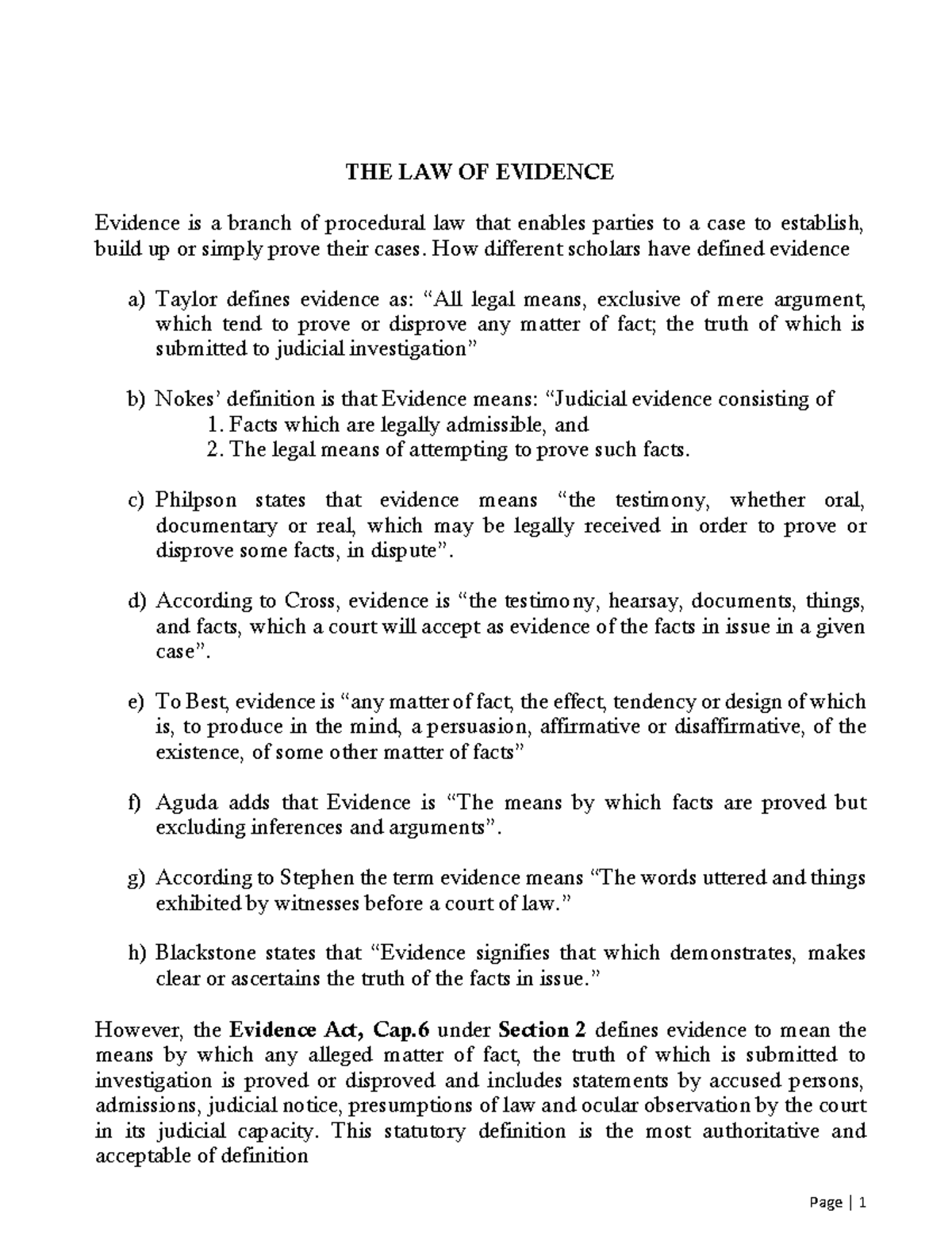 LAW 201: Introductory Notes on the Law of Evidence and Its Importance ...
