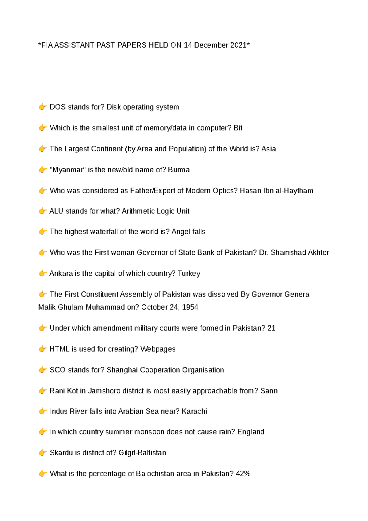 ASSISTANT PAST PAPERS - General Knowledge & Current Affairs - Studocu
