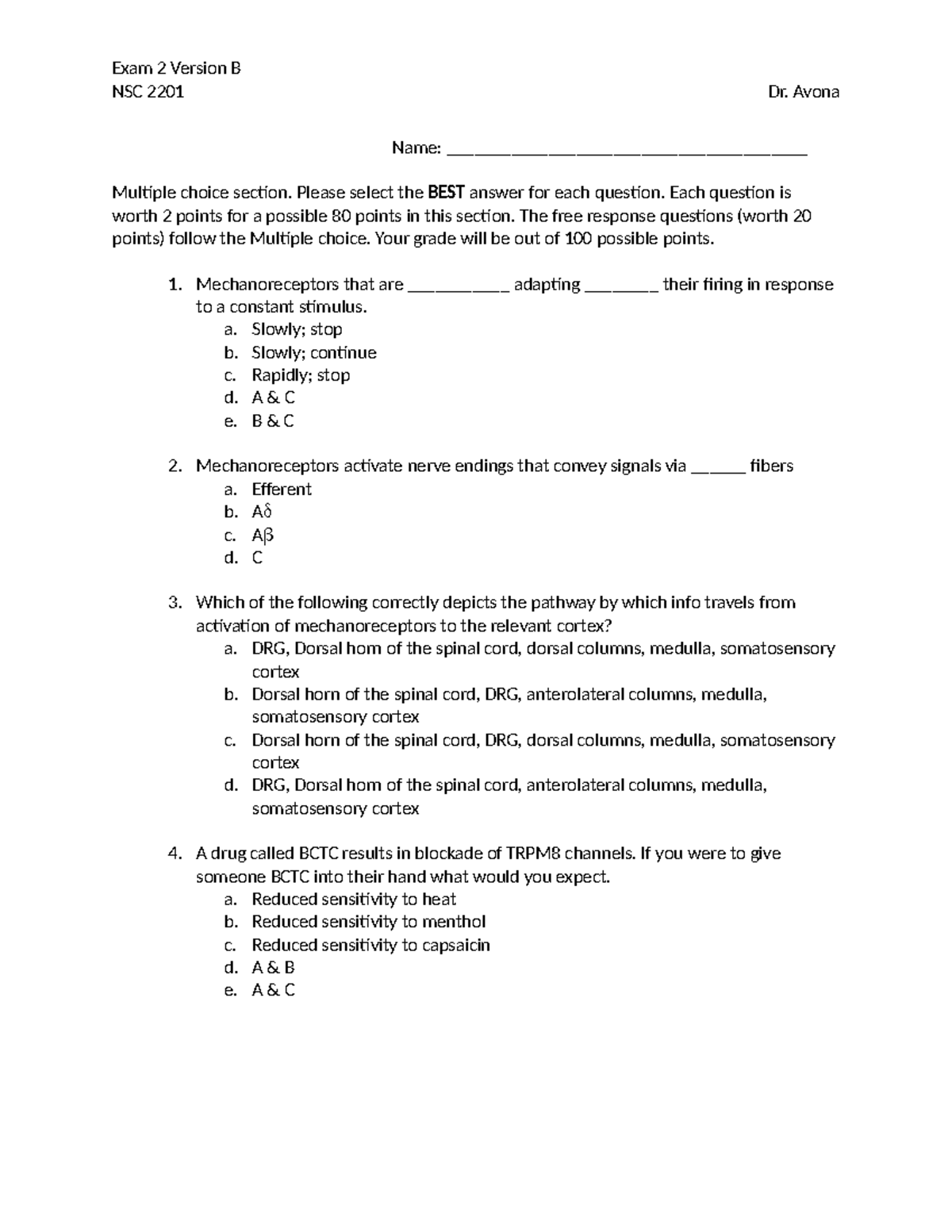 NSC 2201 Exam 2 Version B - Multiple Choice & Free Response - Studocu