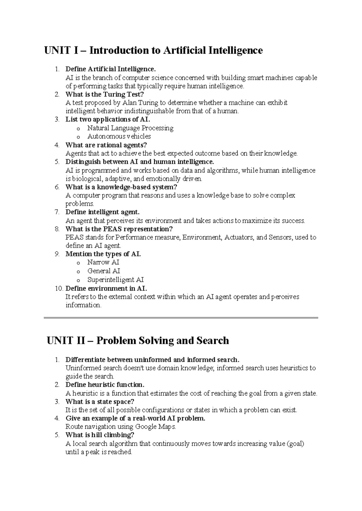 2 mark questions overall 5units - UNIT I – Introduction to Artificial ...