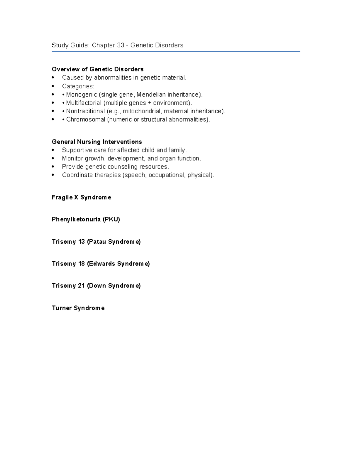 Chapter 33 genetic disorders - Study Guide: Chapter 33 - Genetic ...