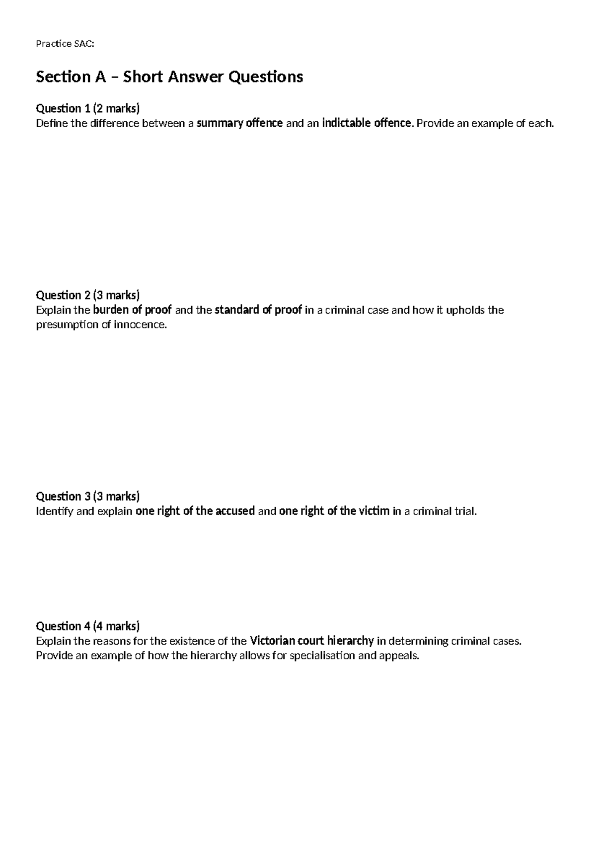 Legal Practice SAC: Unit 4 AOS1 Criminal Law Short Answer Questions ...