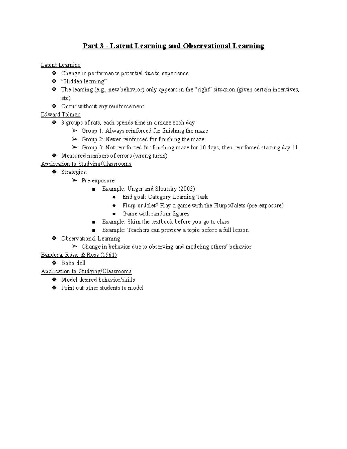 Psychology 101: Latent & Observational Learning Concepts - Studocu