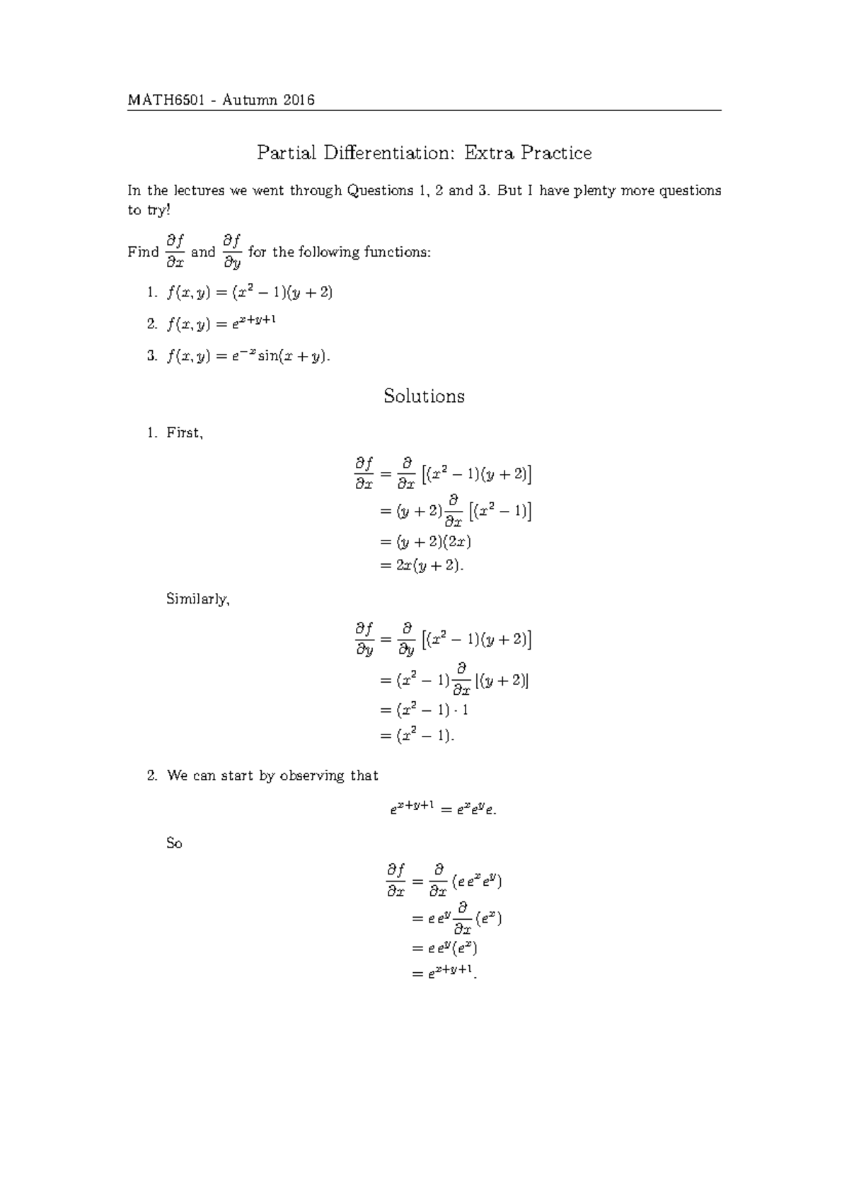 Partial - Nothing much just - MATH6501 - Autumn 2016 Partial Differentiation: Extra Practice In ...