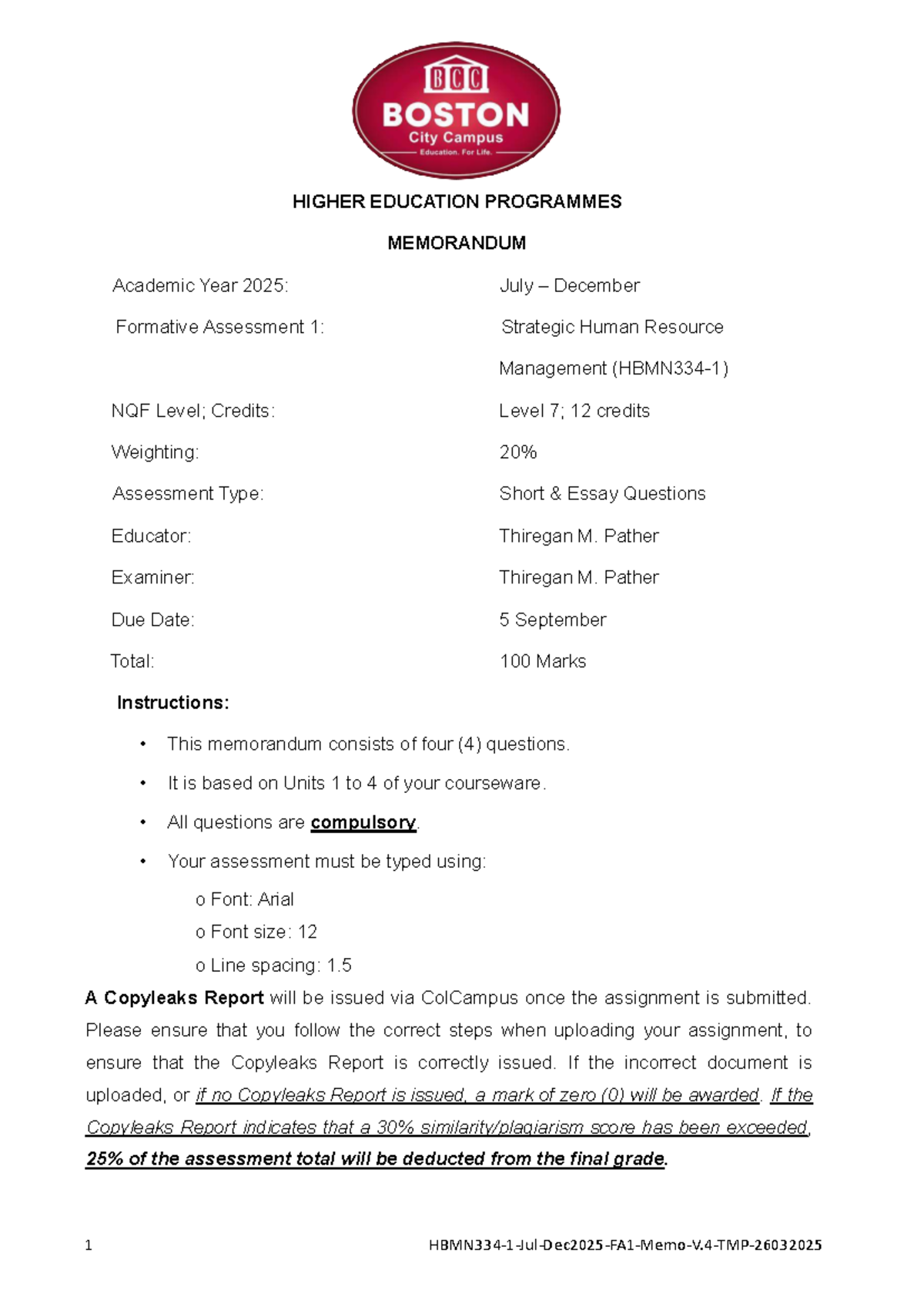 HBMN334 1 Jul-Dec 2025 FA1 Memo: Strategic HRM Assessment Guide - Studocu