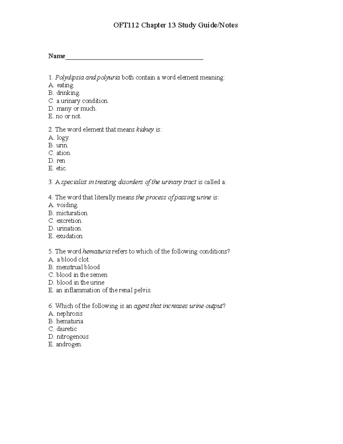 OFT112 Chapter 13 Study Guide: Urinary System Concepts & Terms - Studocu