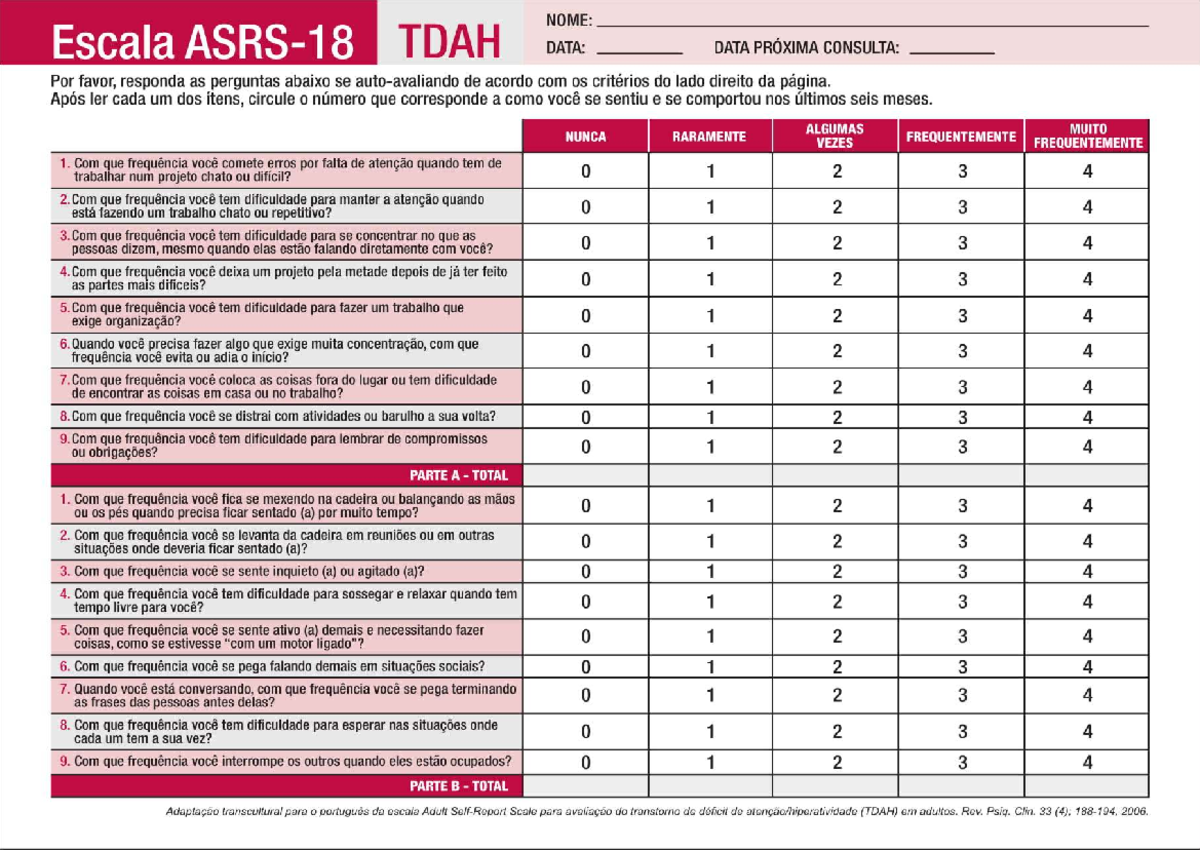 ASRS-18: Questionário para Avaliação do TDAH em Adultos - Studocu