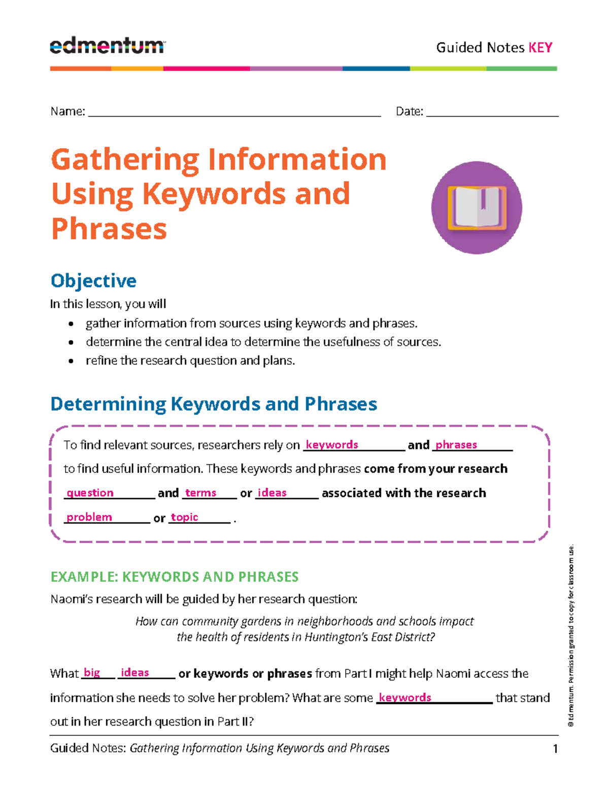 English 9 B4.02 Guided Notes: Gathering Info with Keywords & Phrases ...