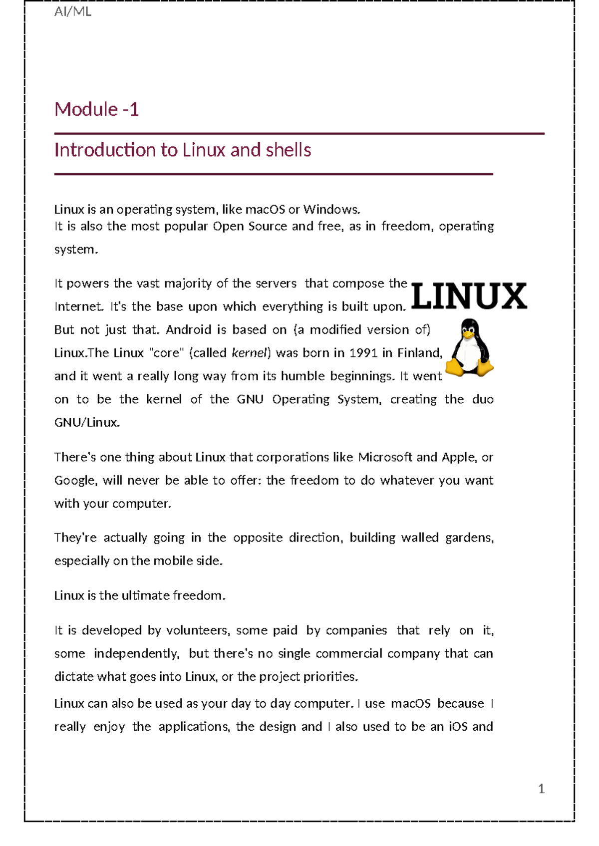 AIML Naan mudhalvan - Module - Introduction to Linux and shells Linux is an operating system ...