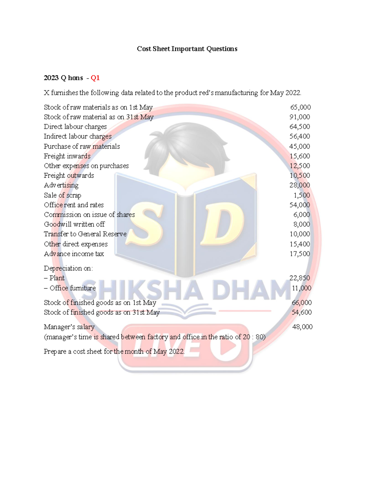 Cost Sheet Important Questions for 2023 Q Hons - Studocu