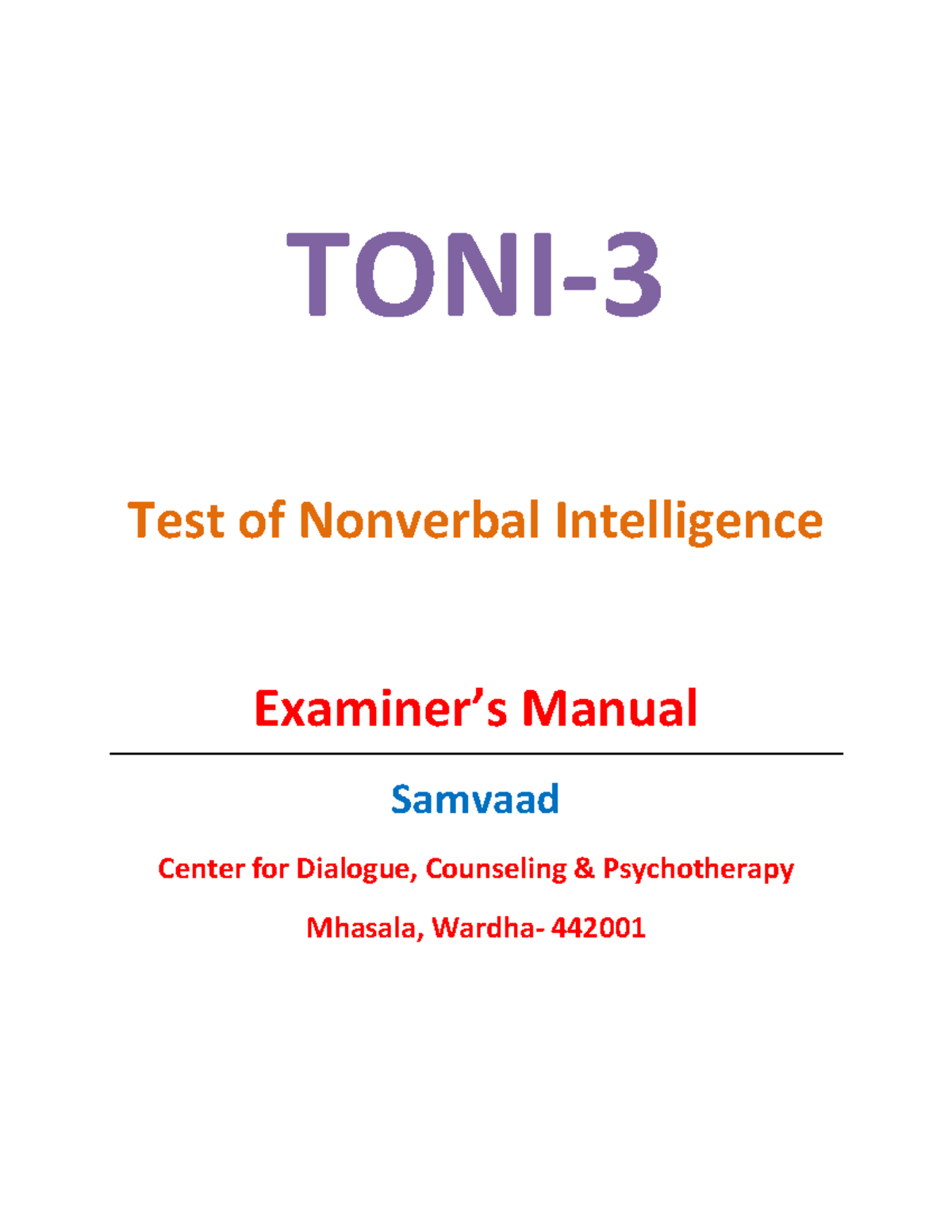 Toni Workbook - Test of Nonverbal Intelligence (IQ Test) - Studocu