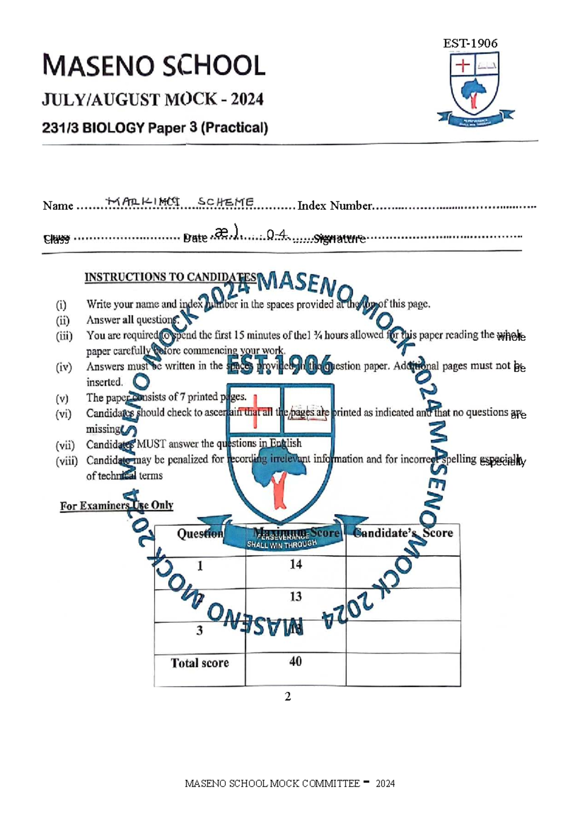 Biology Paper 3 MOCK 2024 Scheme - EST- Name Index Number 2 MCI ...