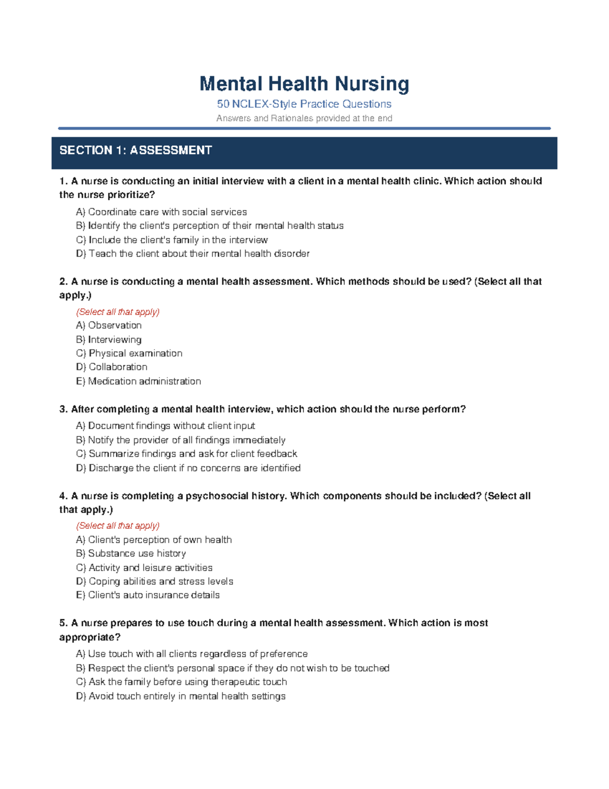 Mental Health Nursing NCLEX 50 Practice Questions & Answers - Studocu