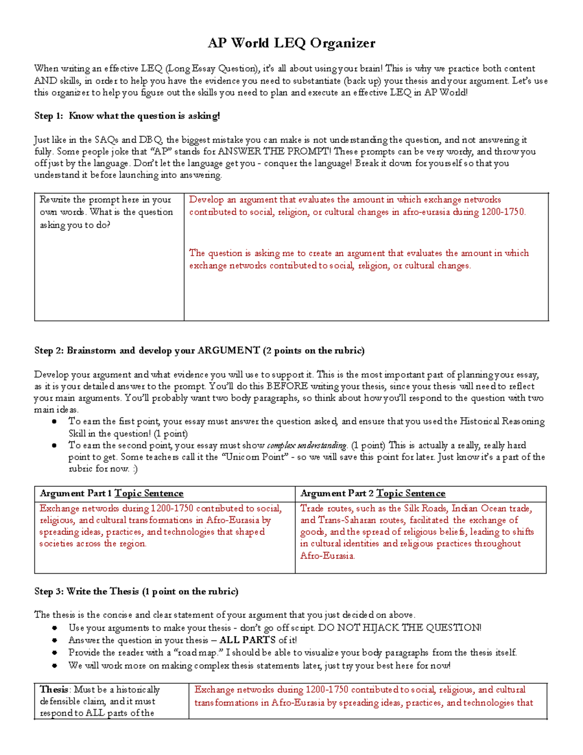 AP World LEQ Organizer: Crafting Effective Arguments for Essays - Studocu