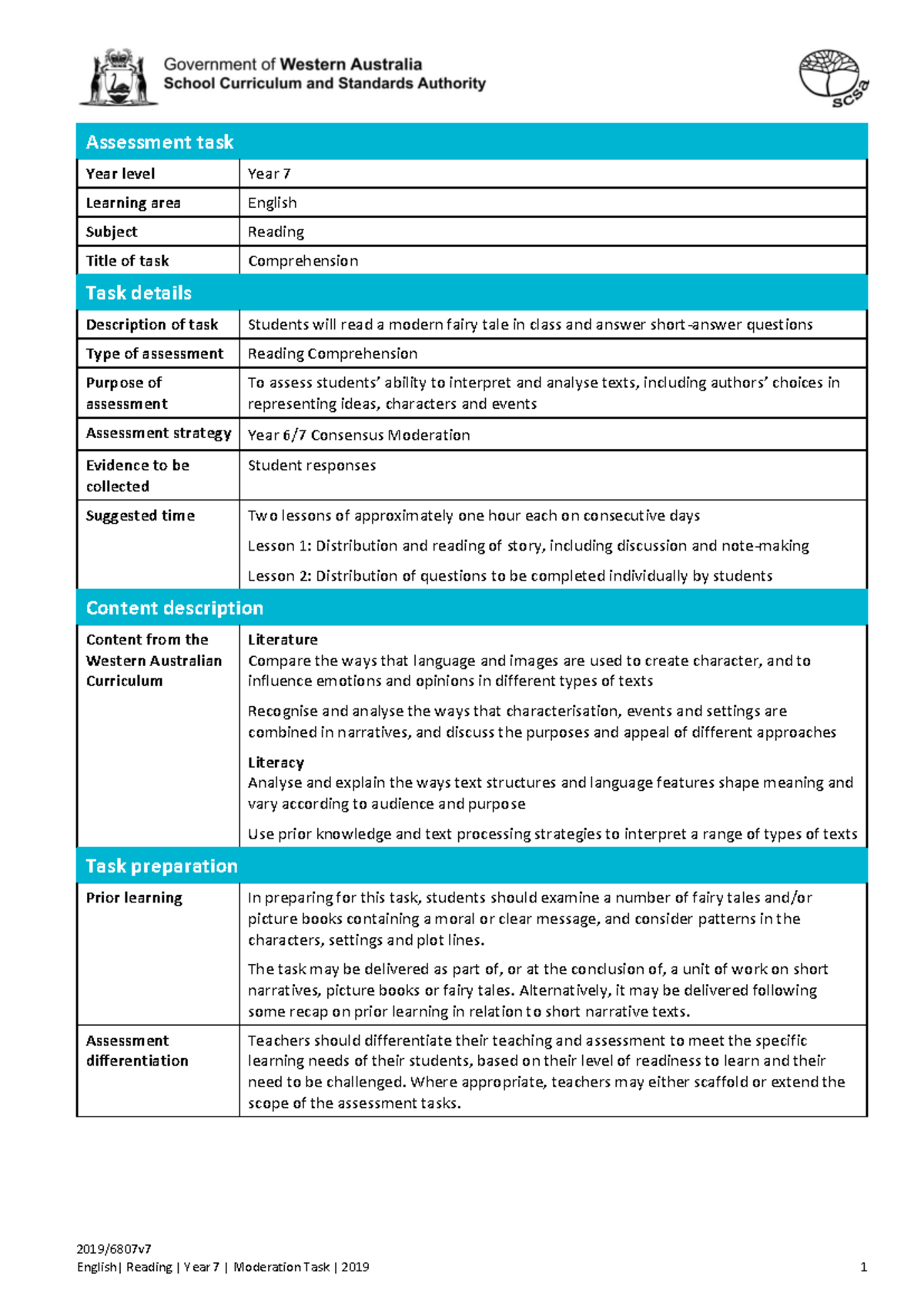 Year 7 English Reading Comprehension Task: Analyzing a Modern Fairy ...