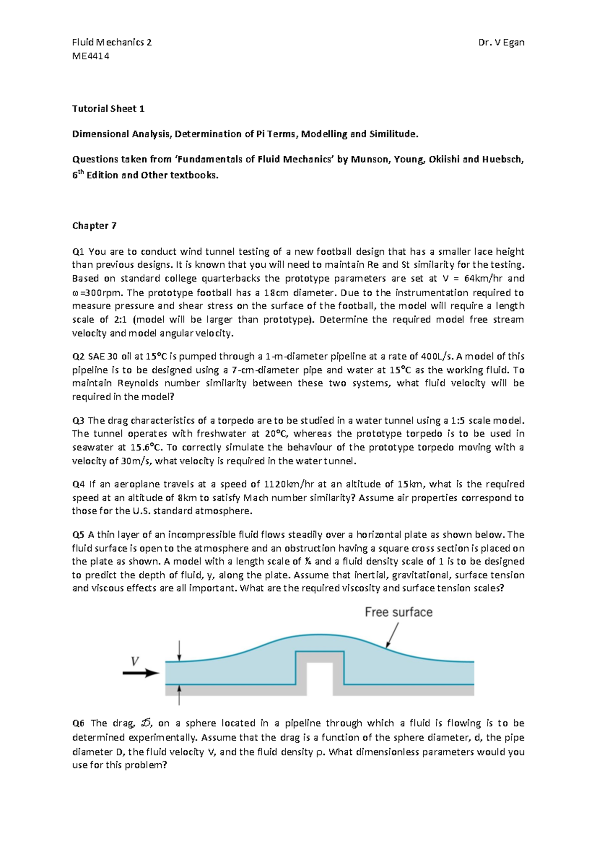 Fluid Mechanics 2 ME4414 Dr. V Egan Tutorial Sheet 1B: Dimensional ...