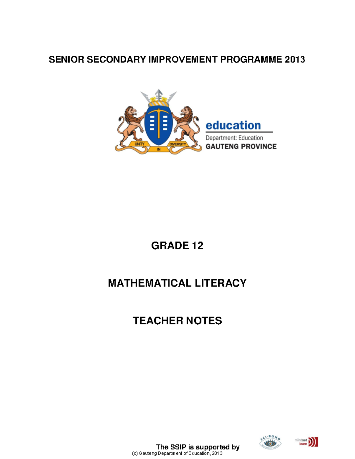 Mathematical Literacy Gr12 P2 Teacher Notes: Sessions 1-4 Overview ...