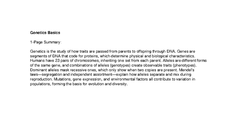 Biology 101: Genetics Basics Summary and Key Concepts - Studocu