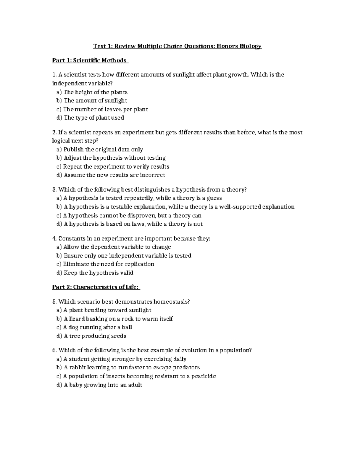 Honors Biology Test 1: Review MCQs on Scientific Methods ...
