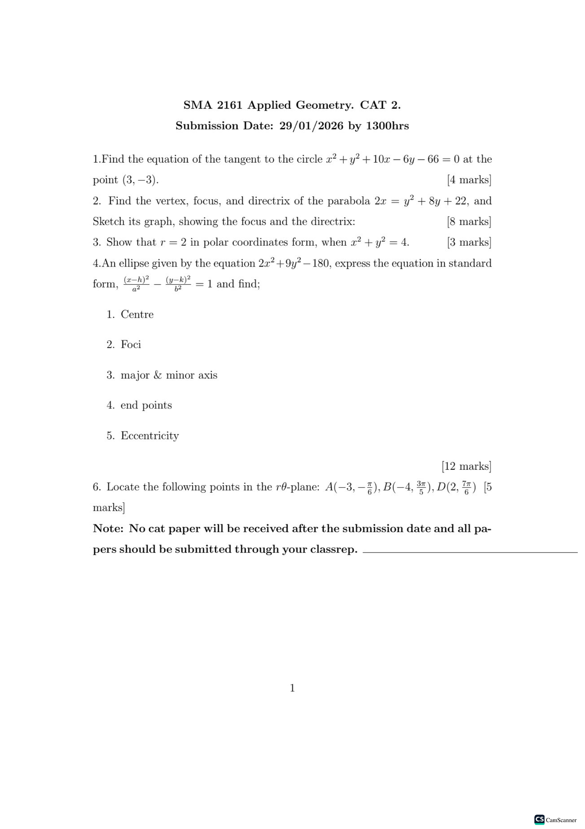 SMA 2171 Geometry CAT 2: Tangents, Parabolas, and Ellipses - Studocu