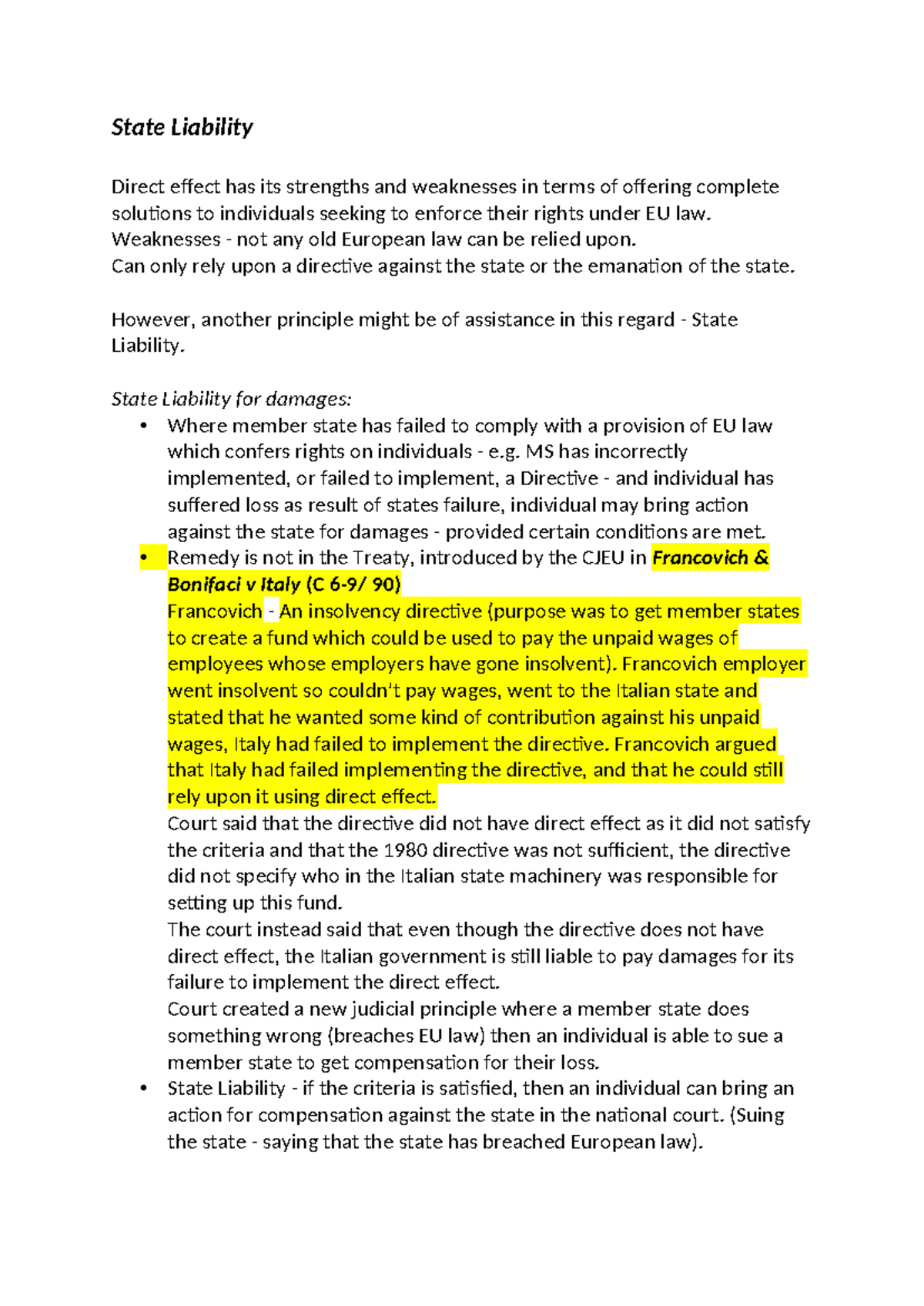 State Liability - notes - State Liability Direct effect has its ...