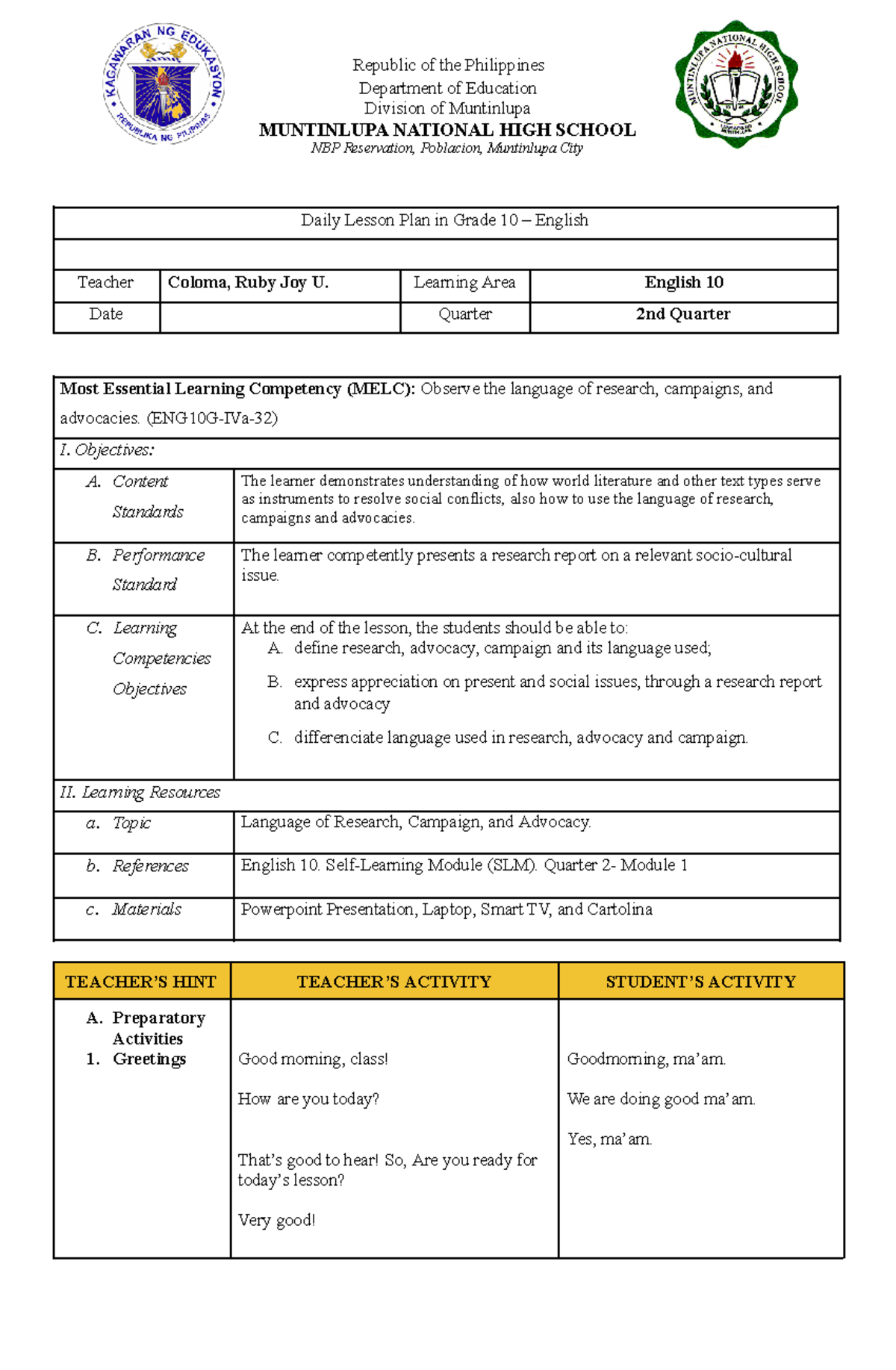 Grade 10- DLP - LESSON PLAN FOR GR10 - Department of Education Division ...