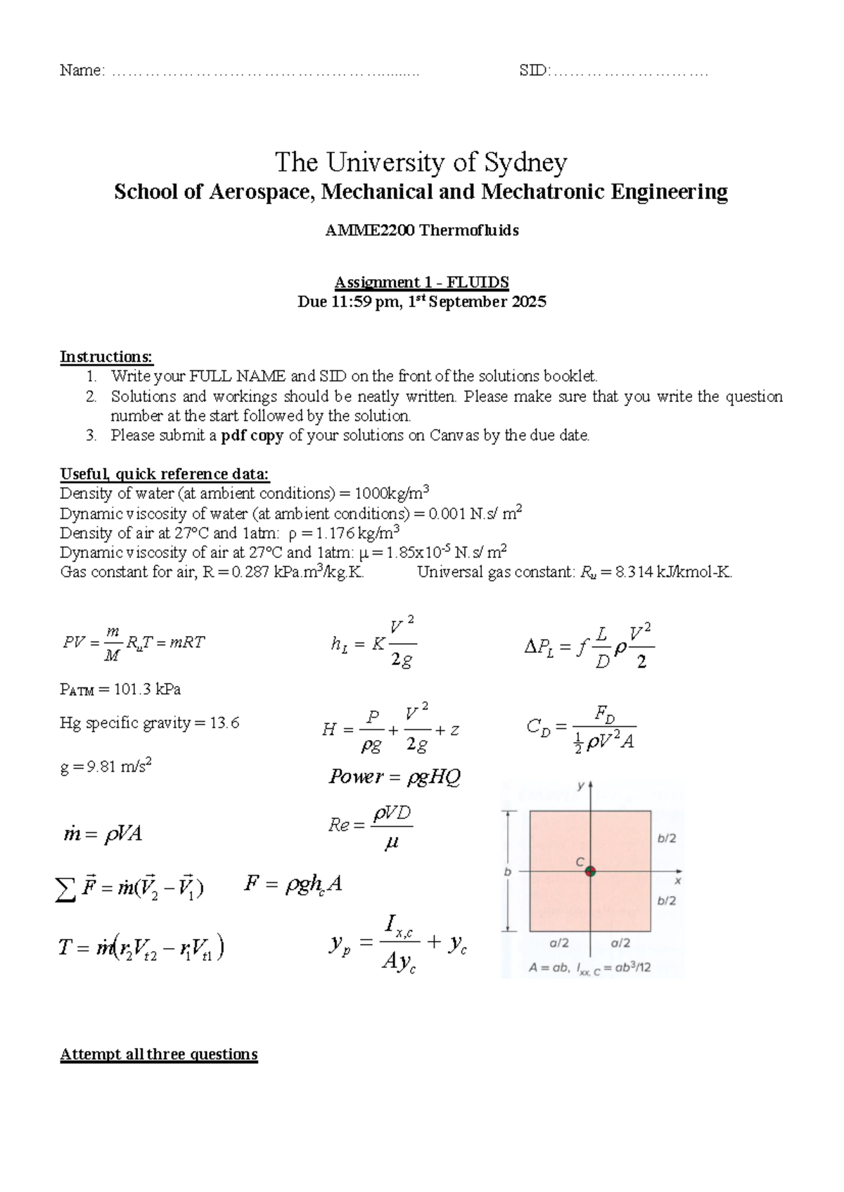 AMME2200 Thermofluids Assignment 1: Fluids 2025 - Studocu