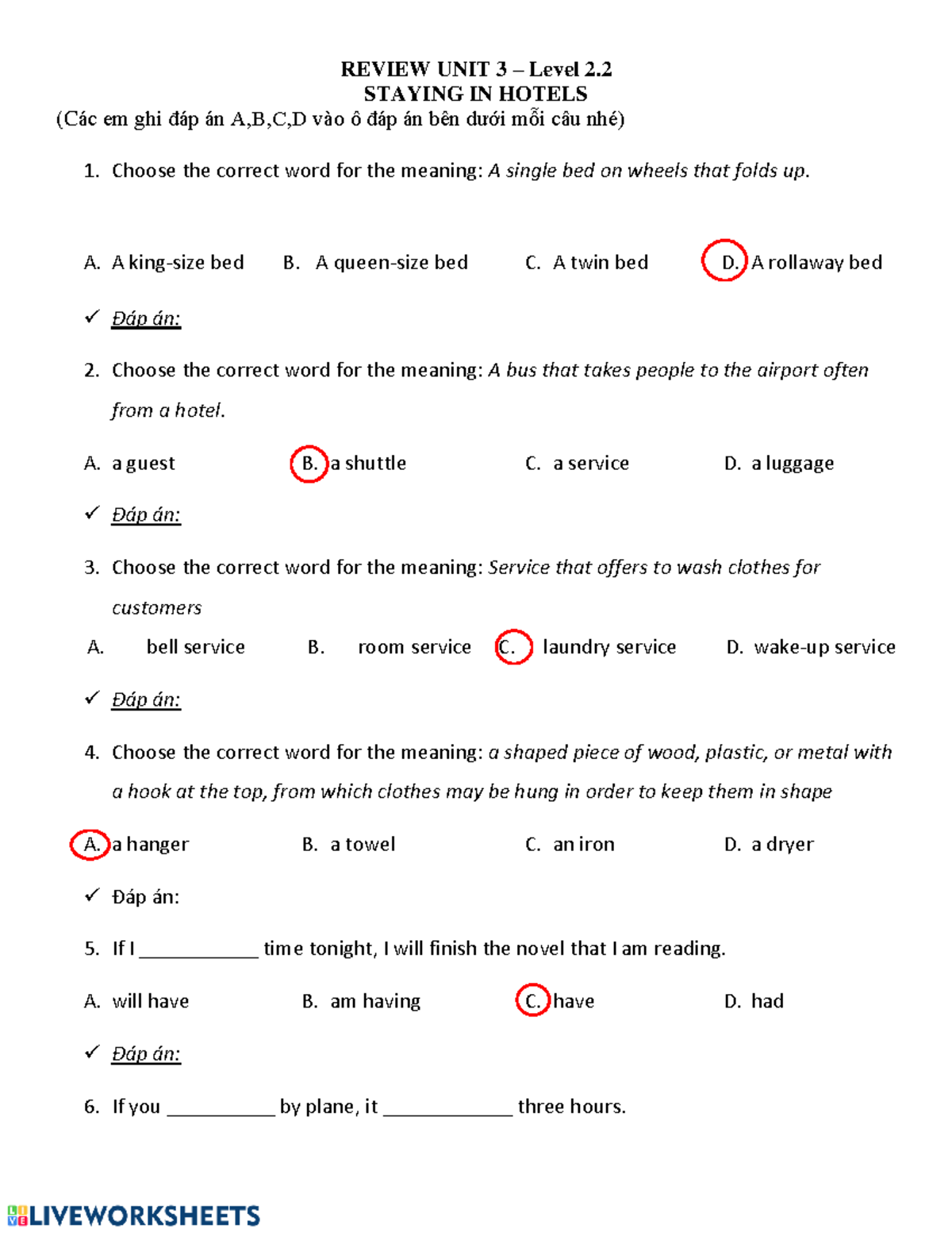 Review Unit 3 Key Answers: Hotel Vocabulary & Grammar Practice - Studocu