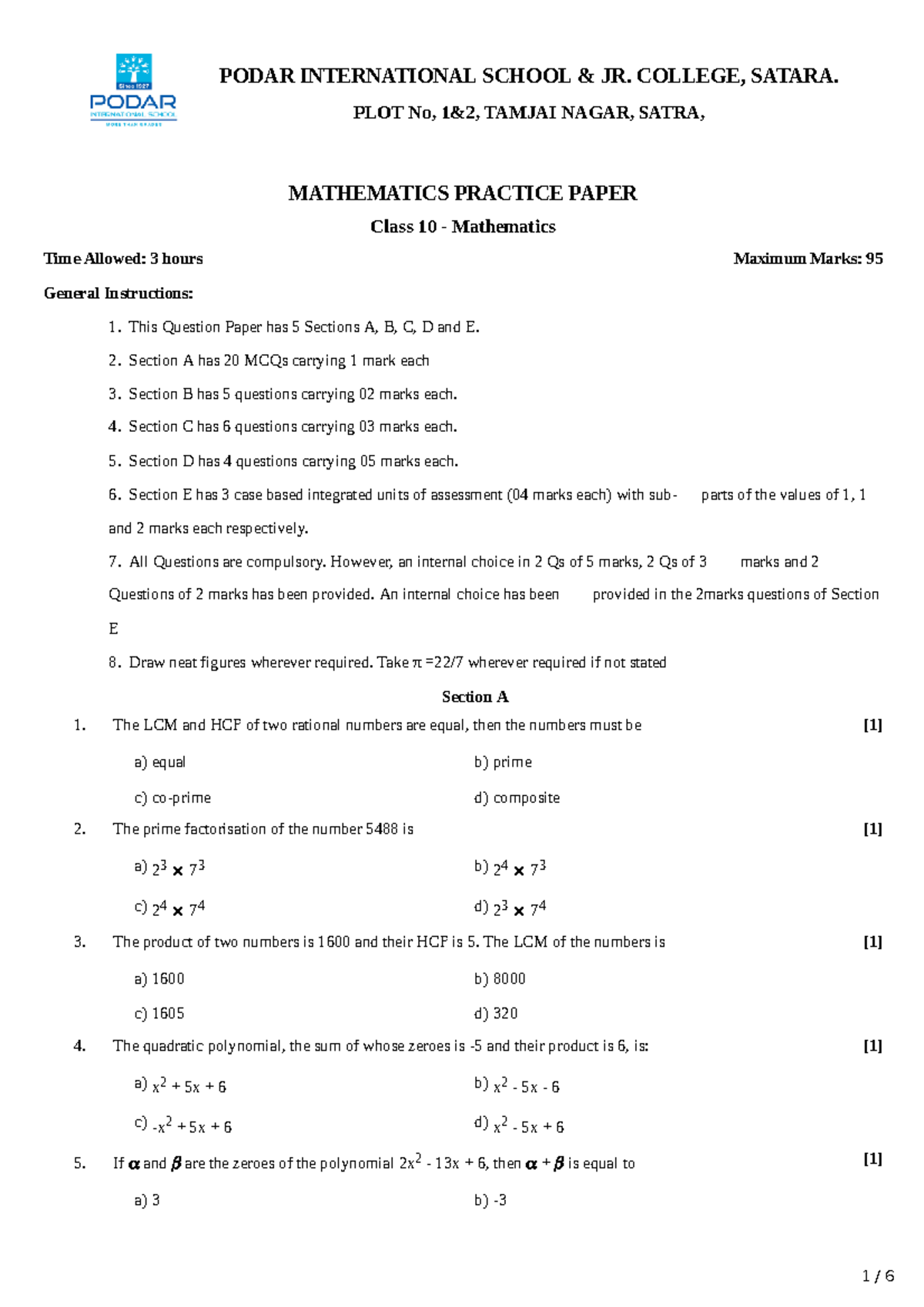 Mathematics Practice Paper for Class 10 - PODAR INT. SCHOOL - Studocu