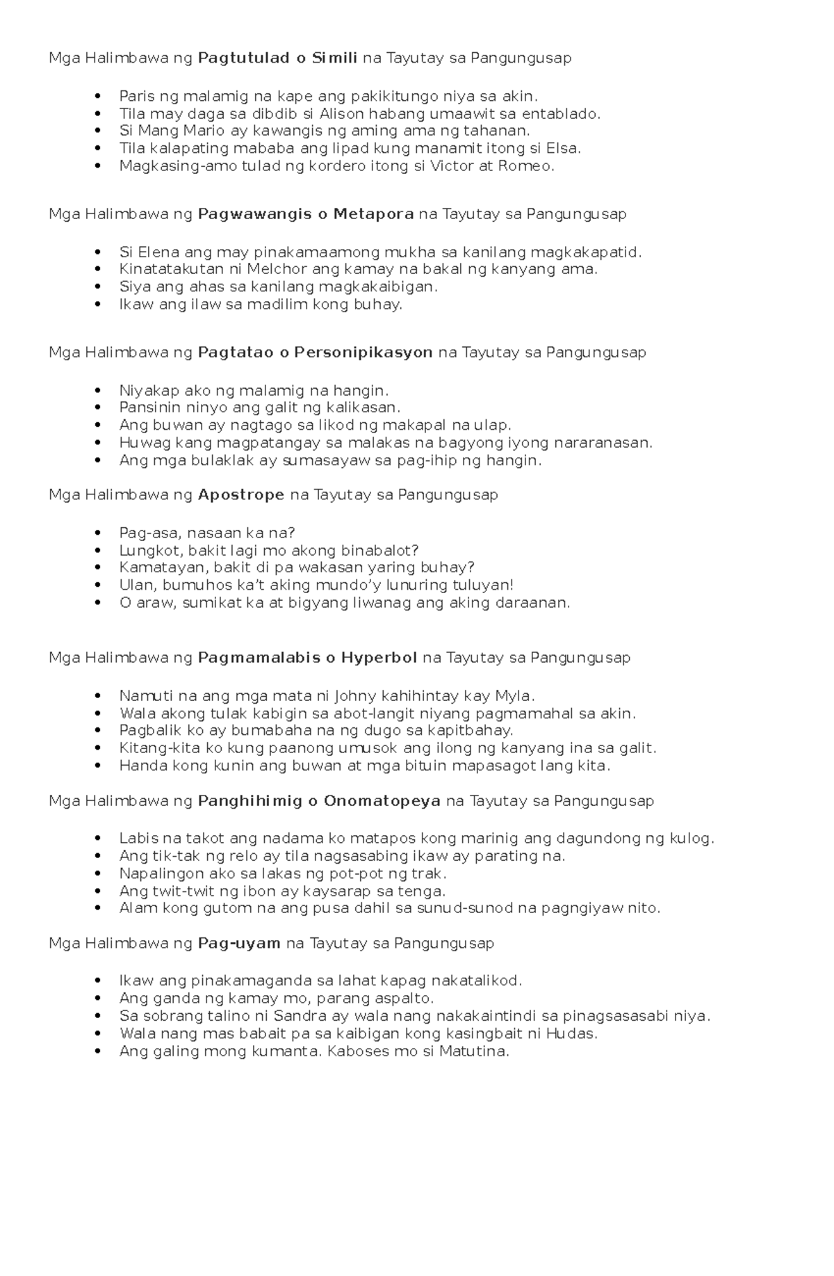 Tayutay - hand out - Mga Halimbawa ng Pagtutulad o Simili na Tayutay sa ...