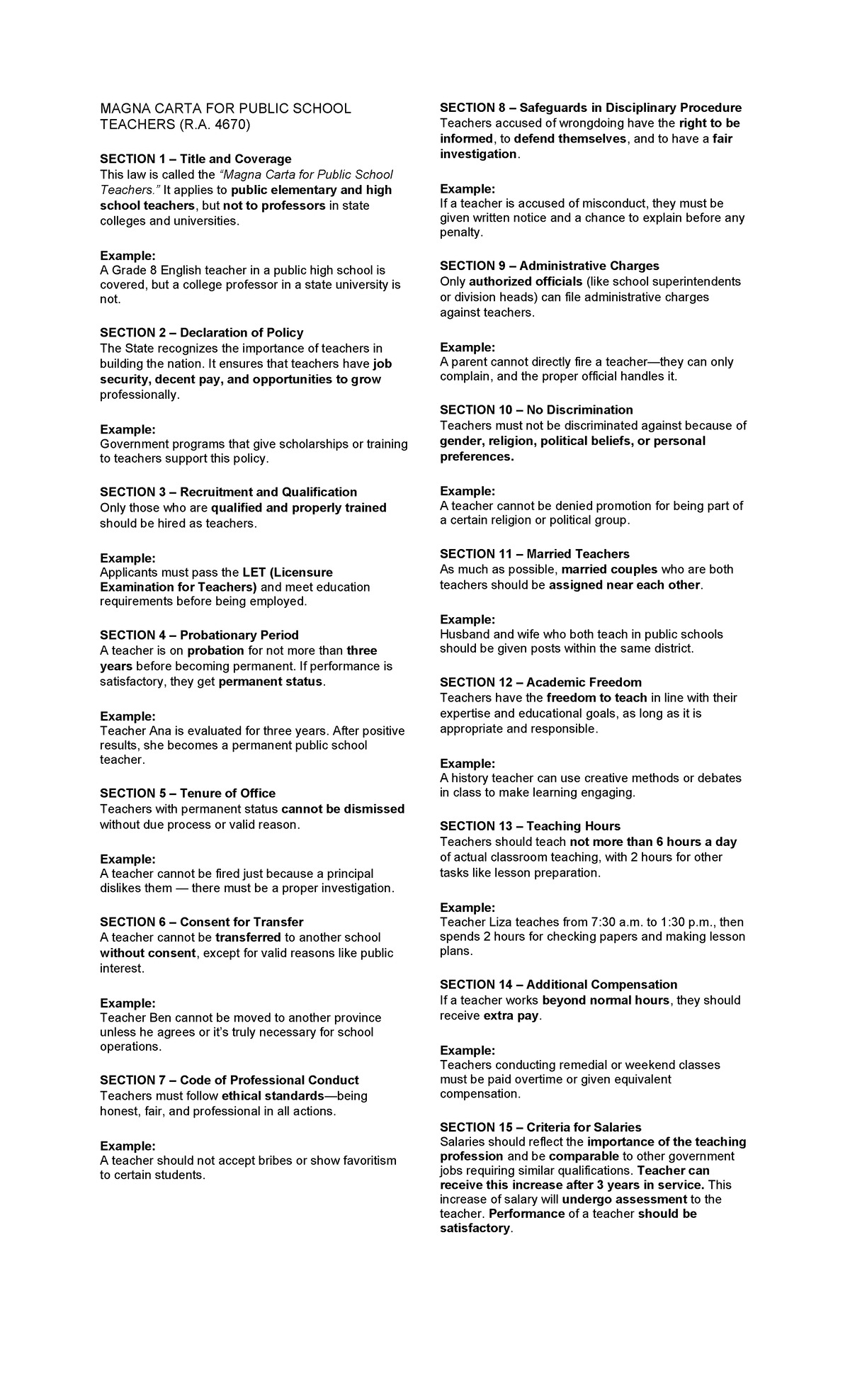 Magna Carta for Public School Teachers (R.A. 4670) Overview - Studocu