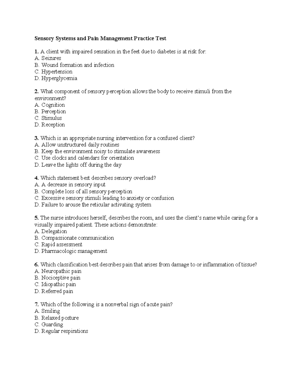 Practice Test 1 - Sensory Systems & Pain Management (NURS 101) - Studocu