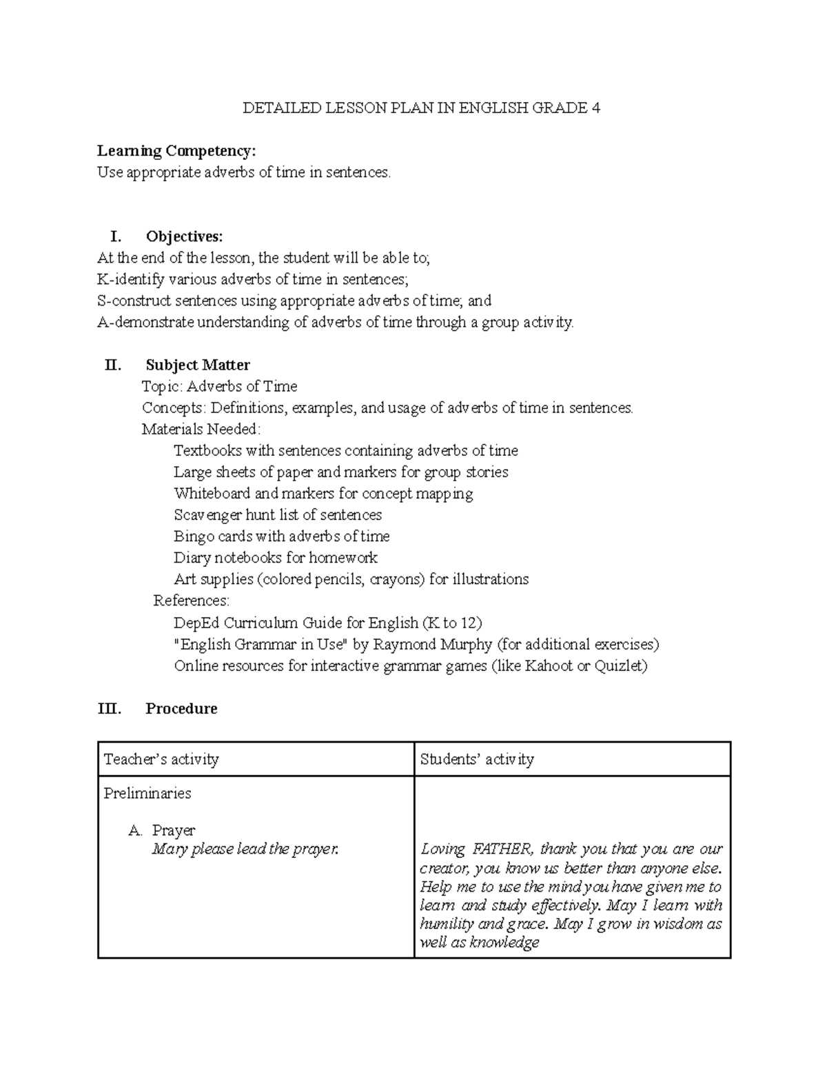 Detailed lesson plan in English Grade 4 - DETAILED LESSON PLAN IN ...