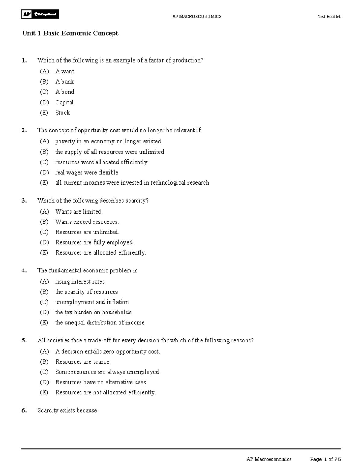 AP MACROECONOMICS Test Booklet Unit 1: Basic Economic Concepts - Studocu