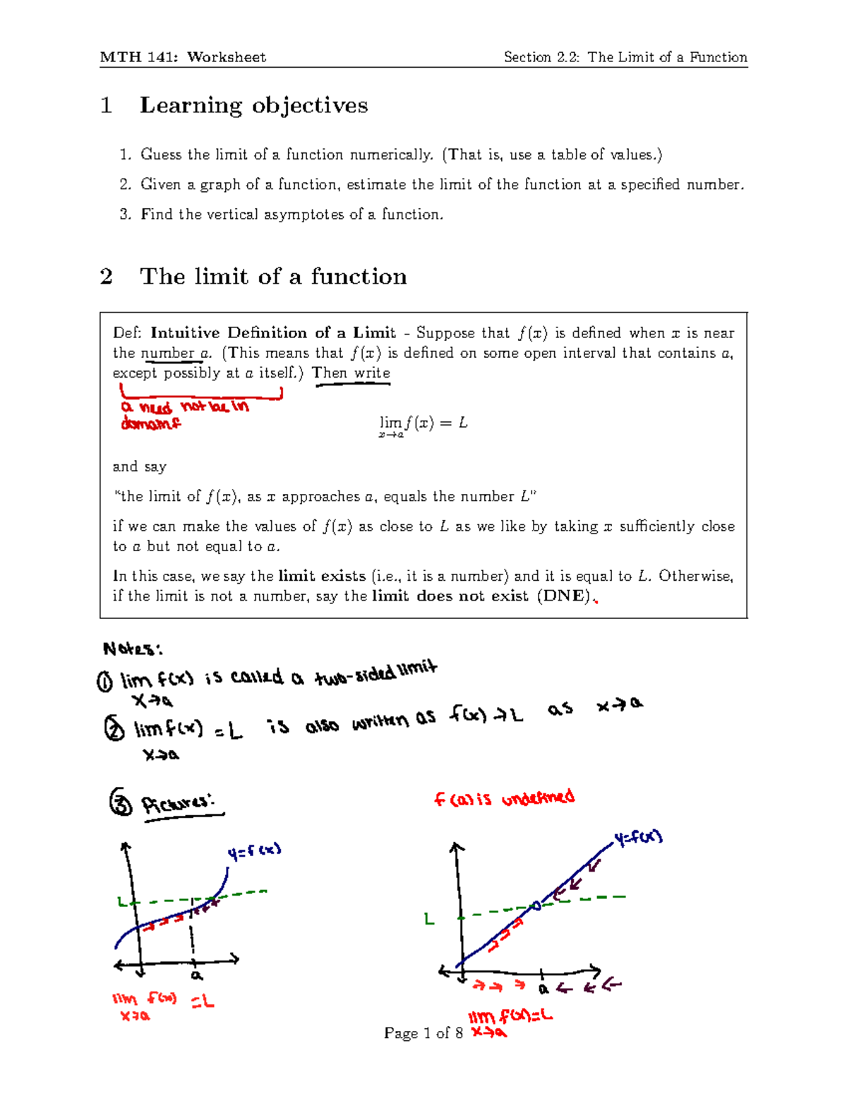 MTH 141- SECTION 2.2 - 1 Learning objectives 1. Guess the limit of a ...