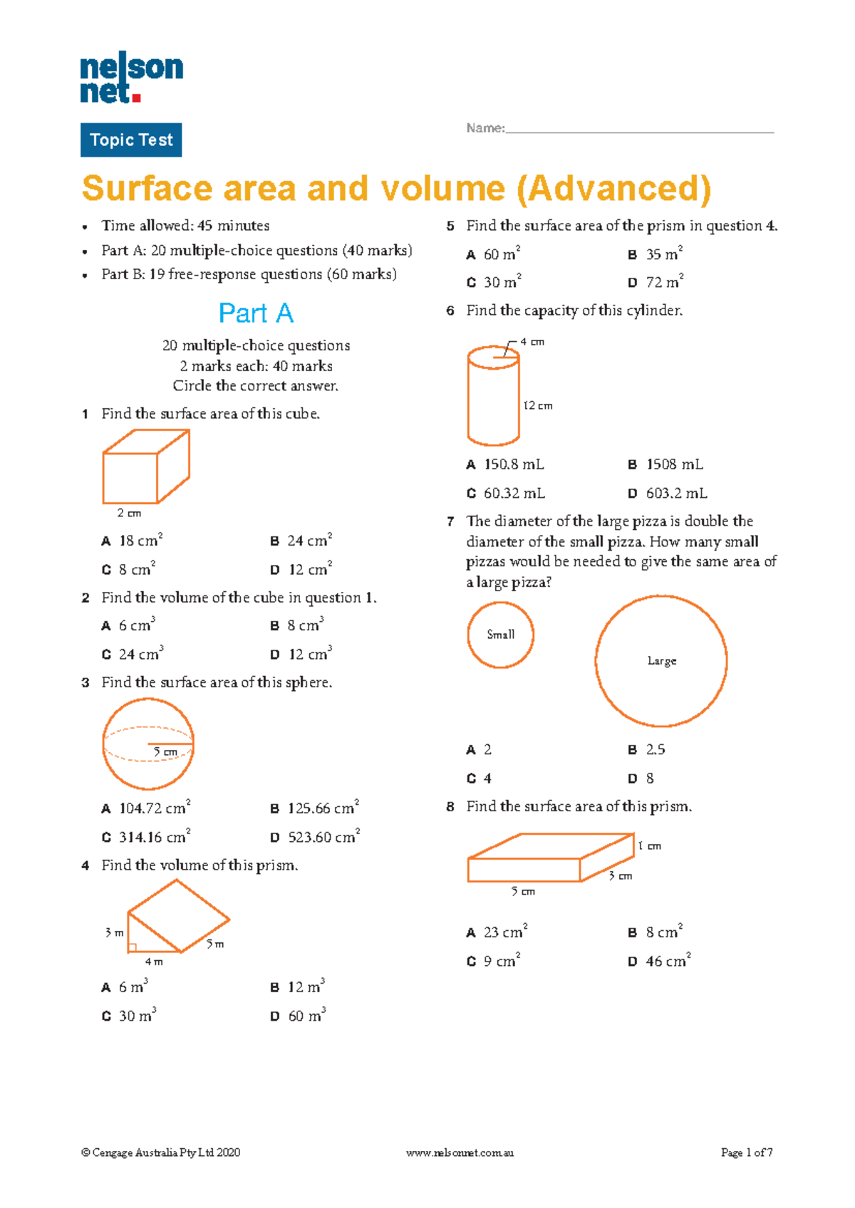 MAT10MGTT10024 Topic Test on Surface Area and Volume (Advanced) - Studocu