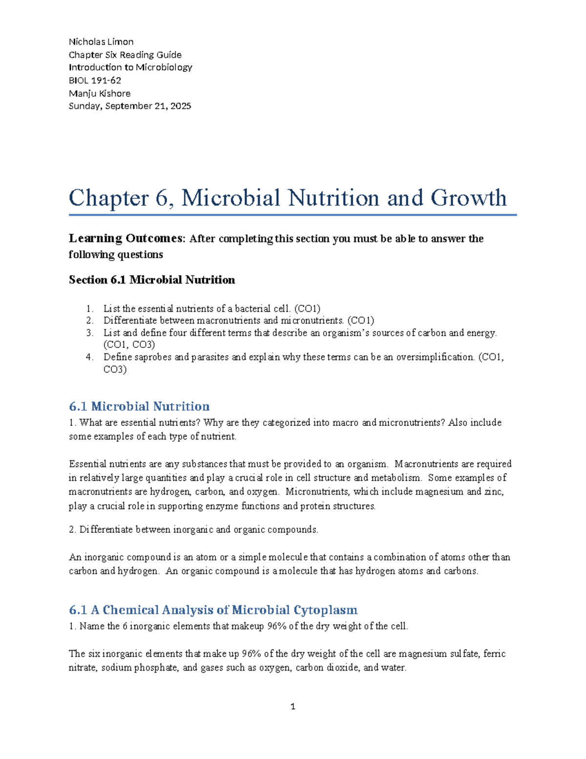 Chapter 6 Reading Guide: Microbial Nutrition & Growth (BIOL 191-62 ...