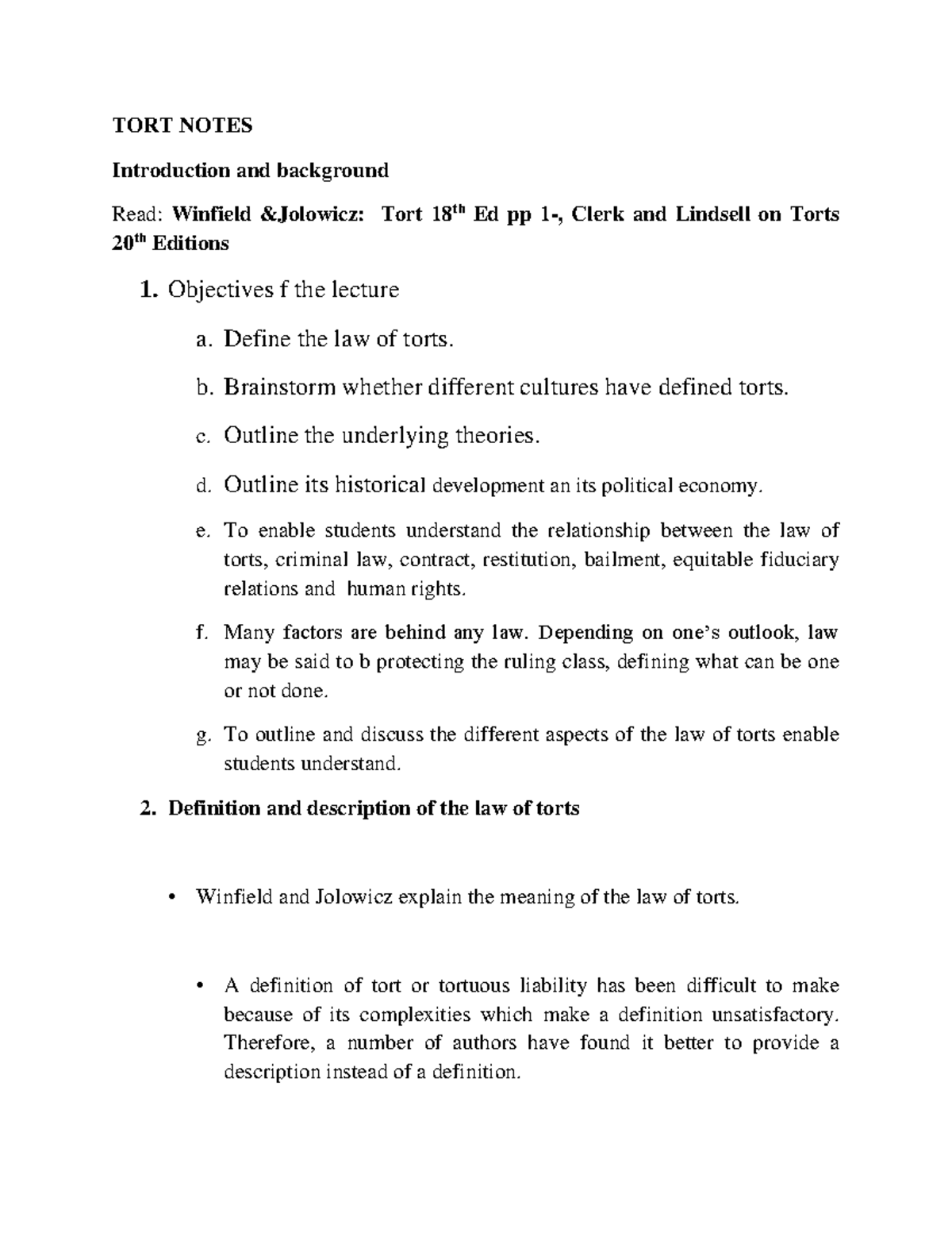 TORT 1 Notes: Historical Development and Theories of Tort Law - Studocu