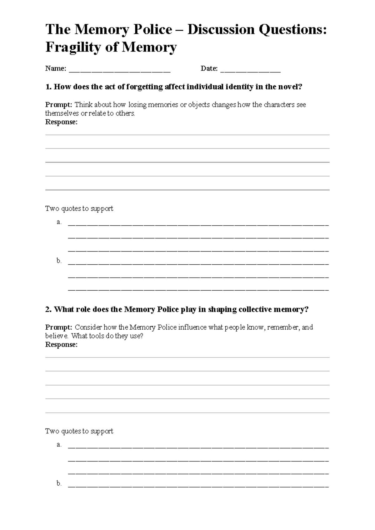 ENG 201: The Fragility of Memory Discussion Questions - Studocu