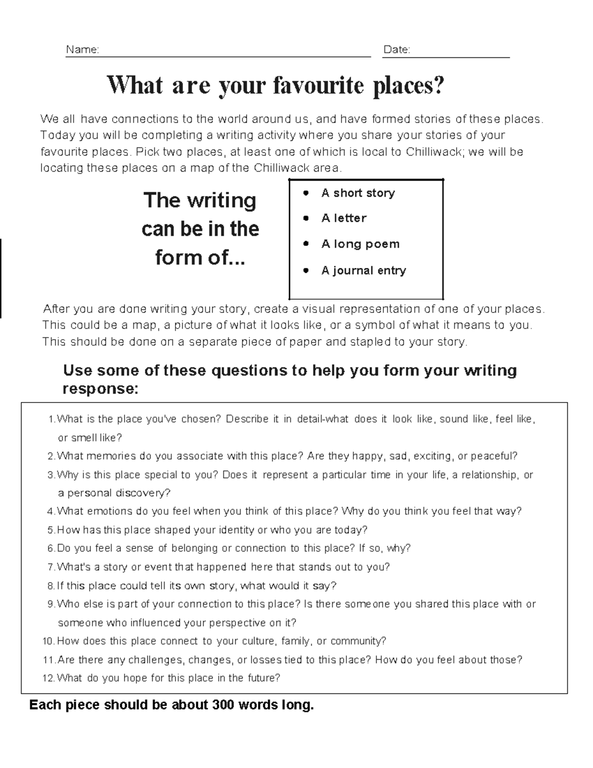 CHW-101 Favourite Places Writing Assignment and Visual Project - Studocu