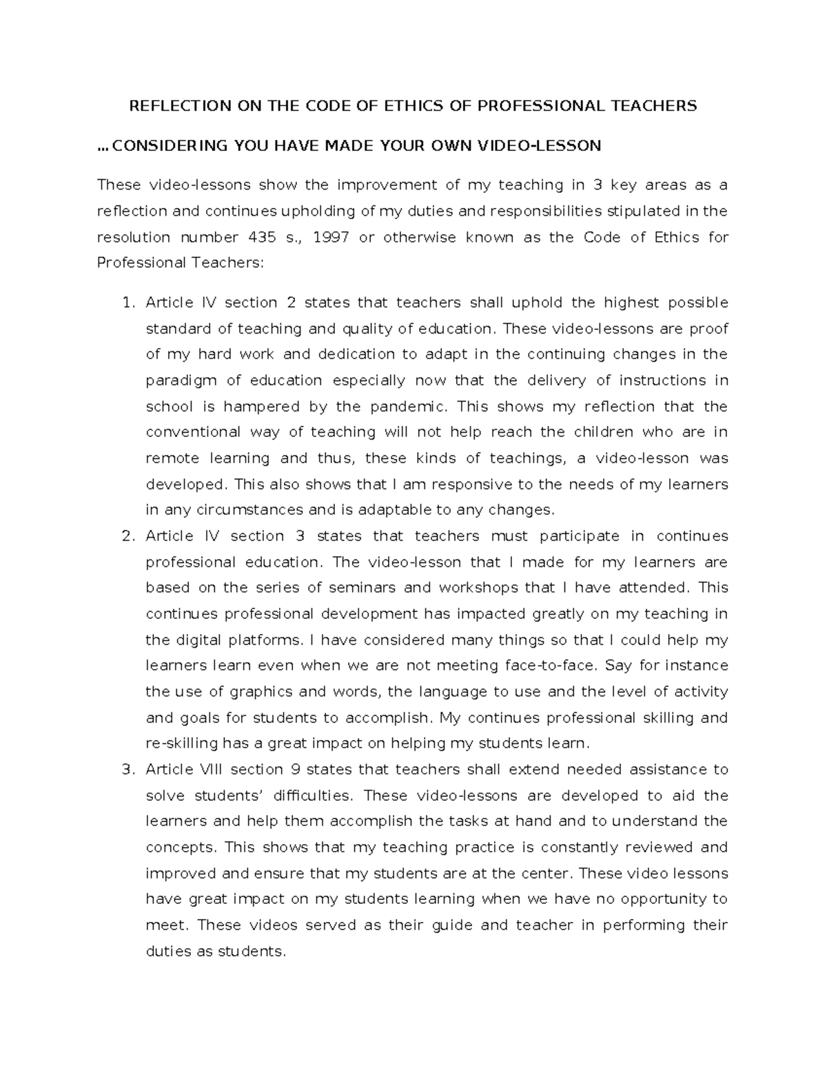 Reflection on the Code of Ethics for Professional Teachers: Video ...