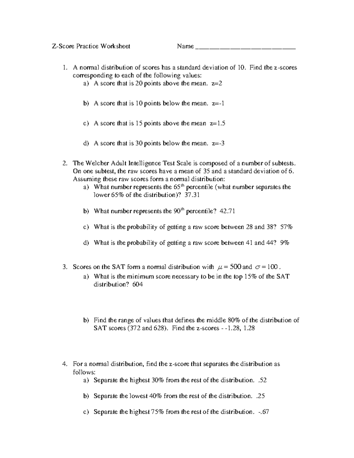 Z-score worksheet - Z-Score Practice Worksheet Name ...